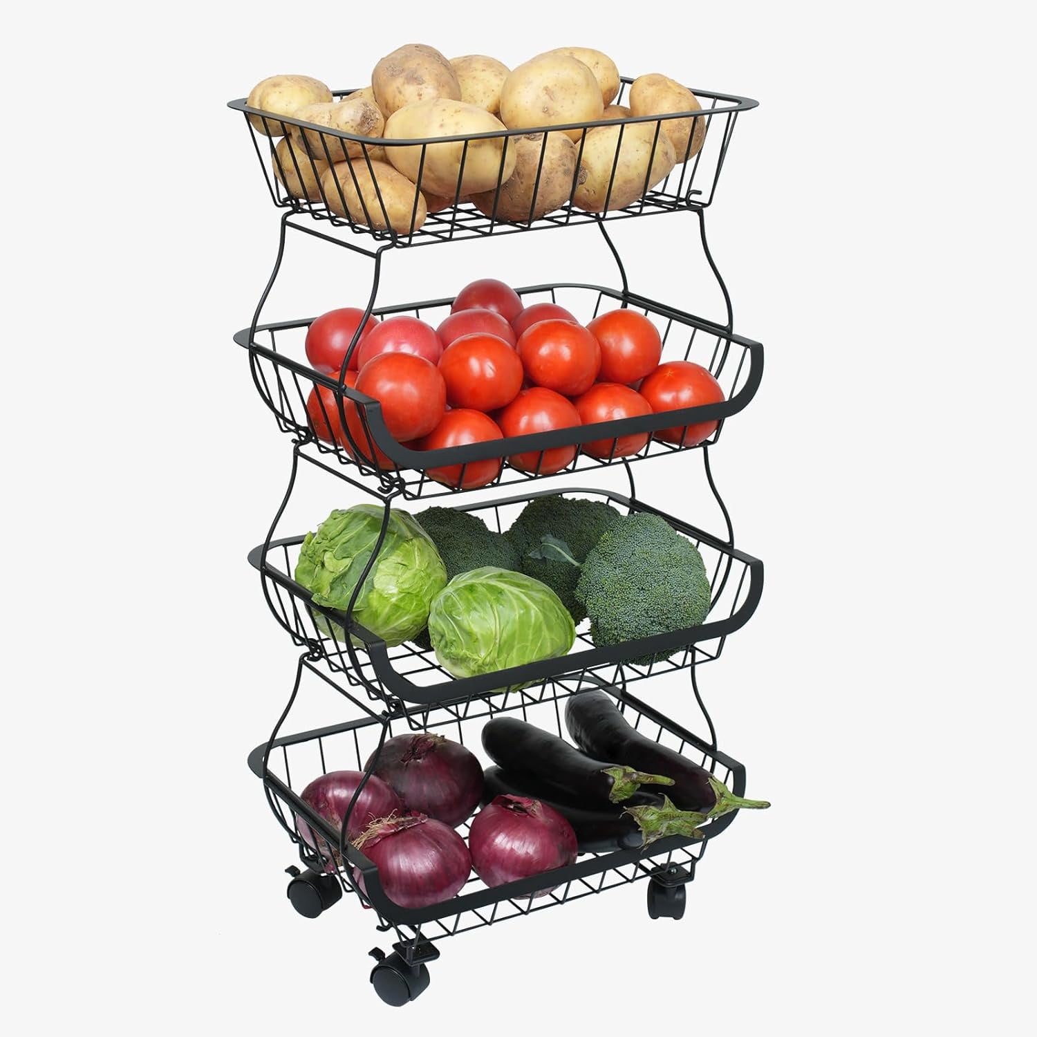 Fruit and Vegetable Storage with Wheels, 4 Tier Stackable Metal Wire ...