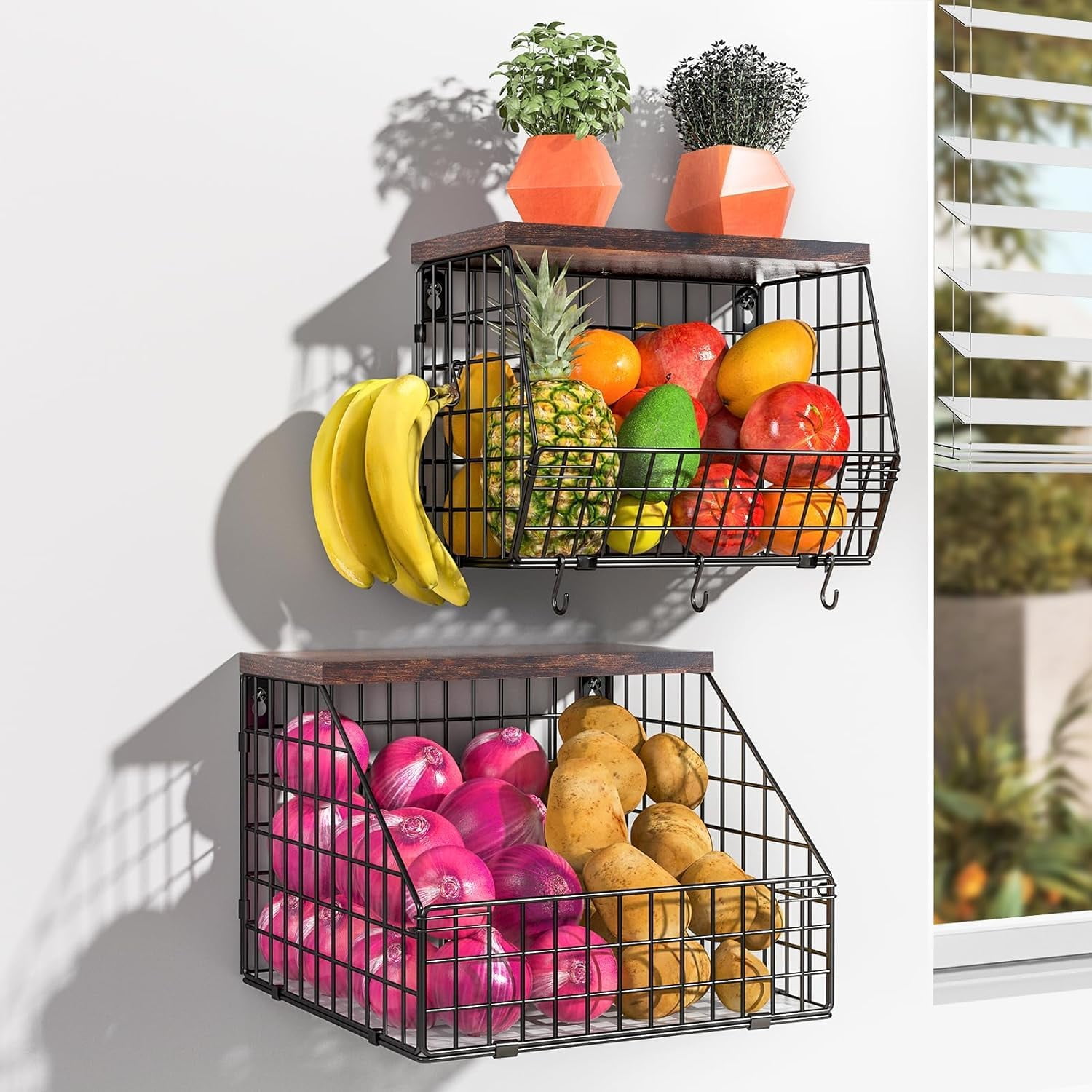 Fruit and Vegetable storage, 2 Set Wall Mounted Wire Baskets, Fruit ...