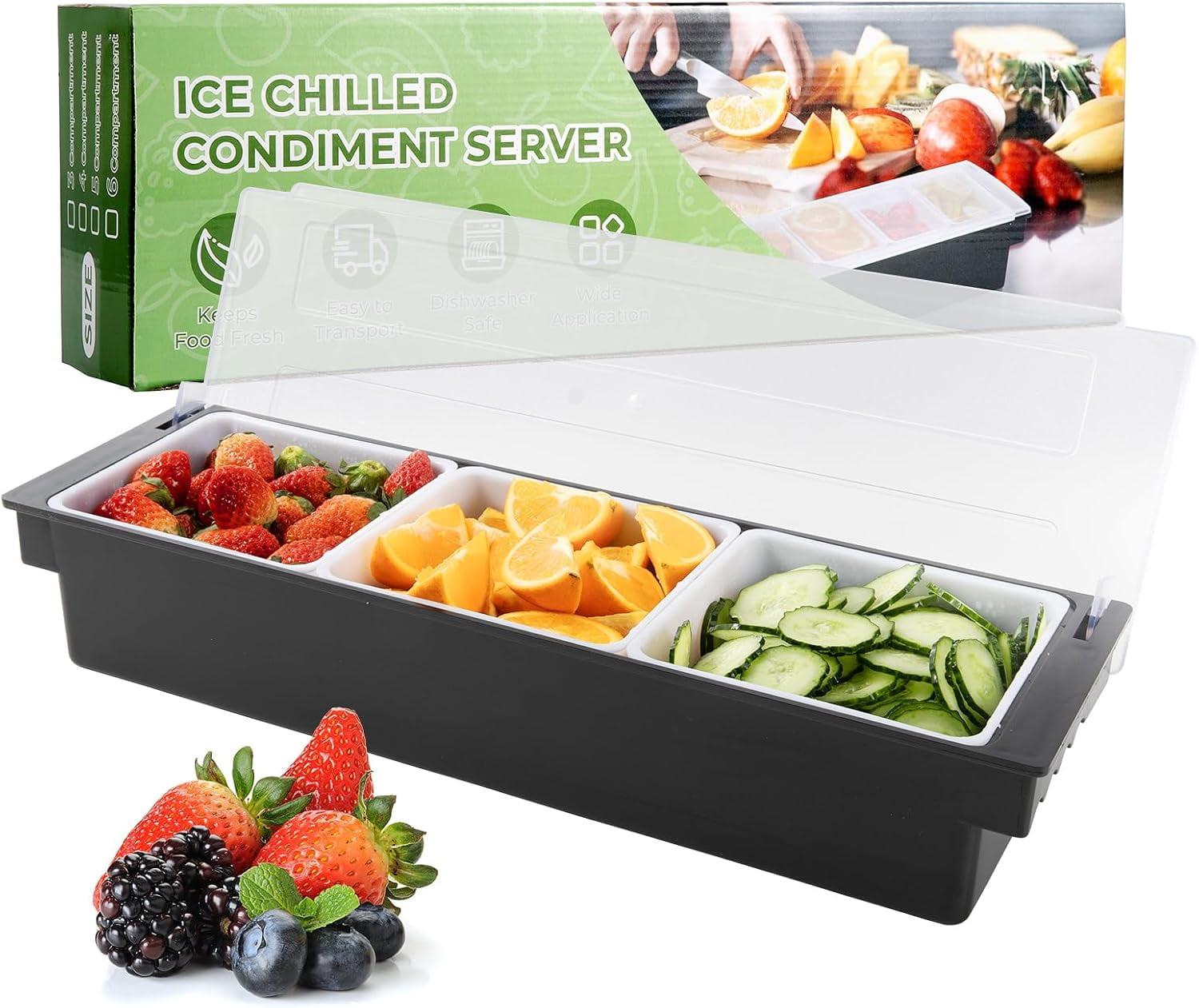 Fruit, Veggie & Condiment Caddy with Lid Dispenser Tray Plastic Garnish ...
