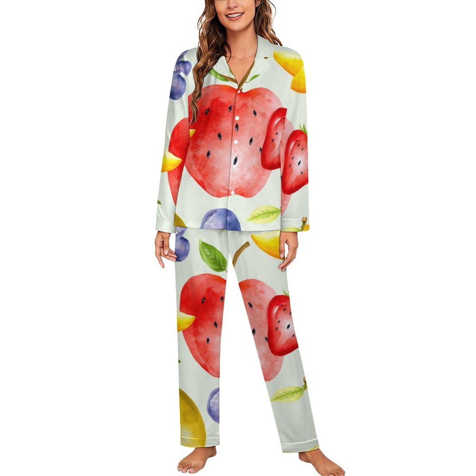 Fruit Watercolor Pattern Pajamas Woman Home Suit Autumn Long Sleeve 2 ...