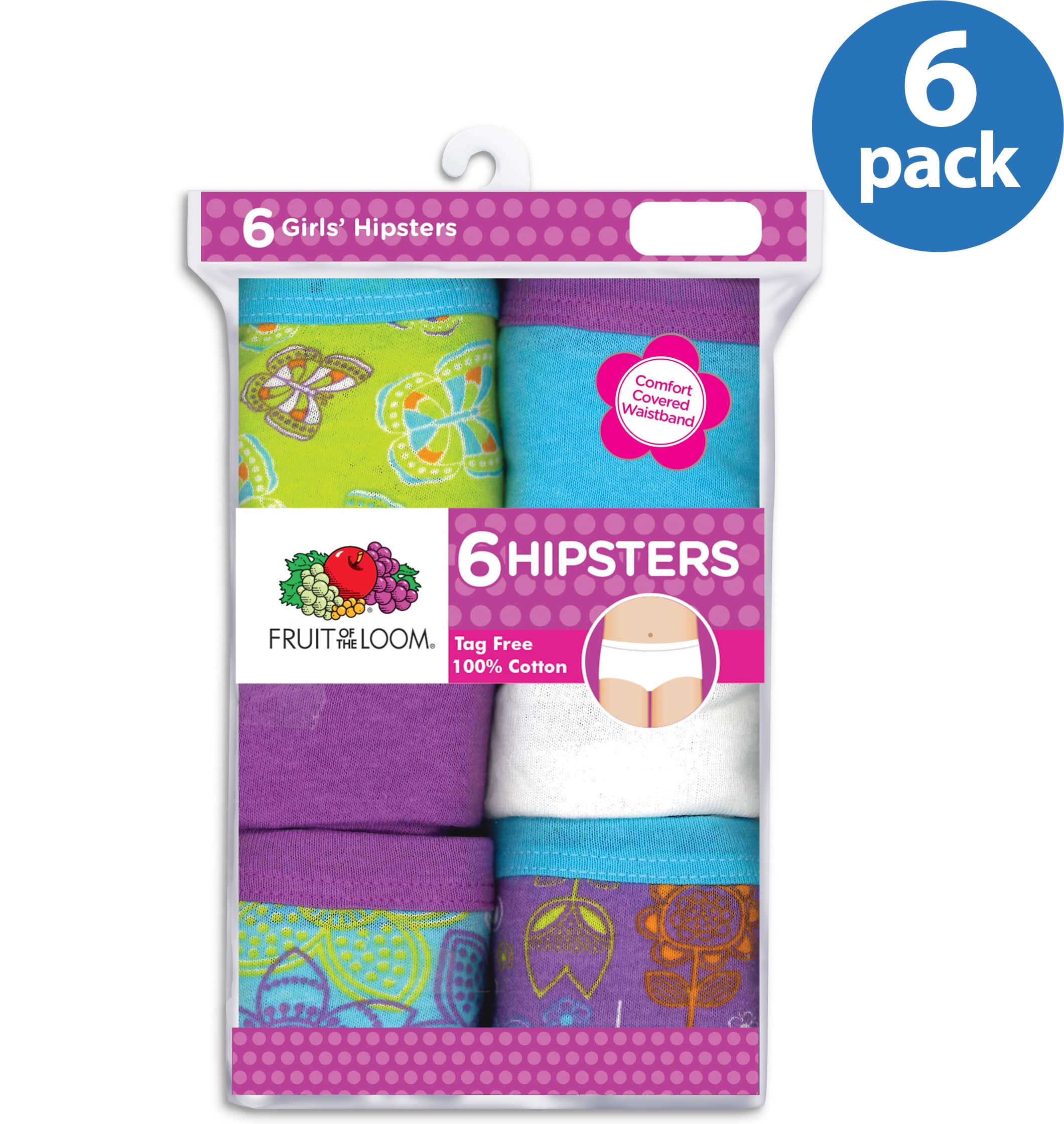 Fruit of the Loom Girl's Assorted Cotton Hipster Underwear, 6 Pack ...