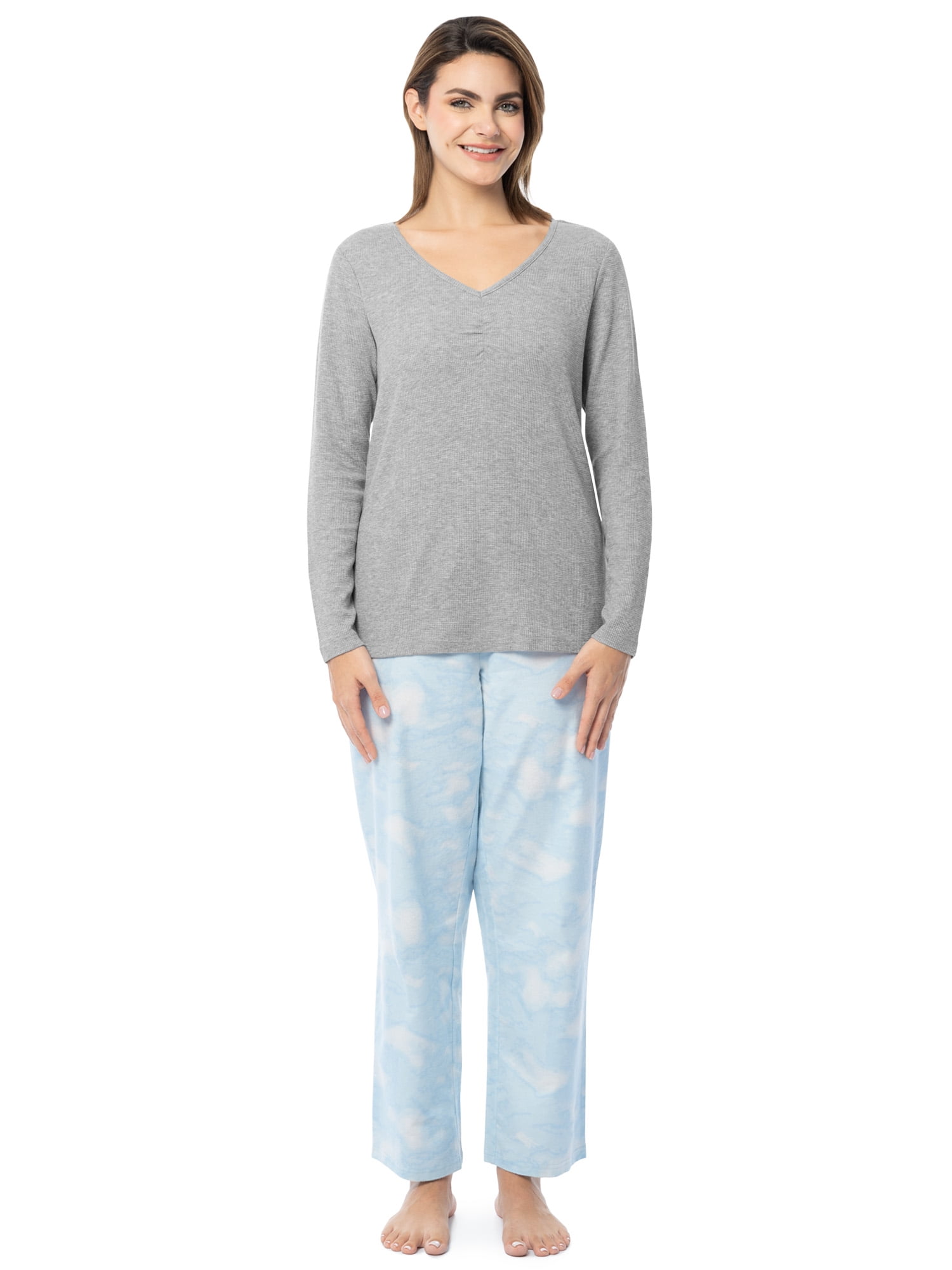Fruit of the Loom Women's Soft Flannel Pajama Set, Waffle Pullover Top ...