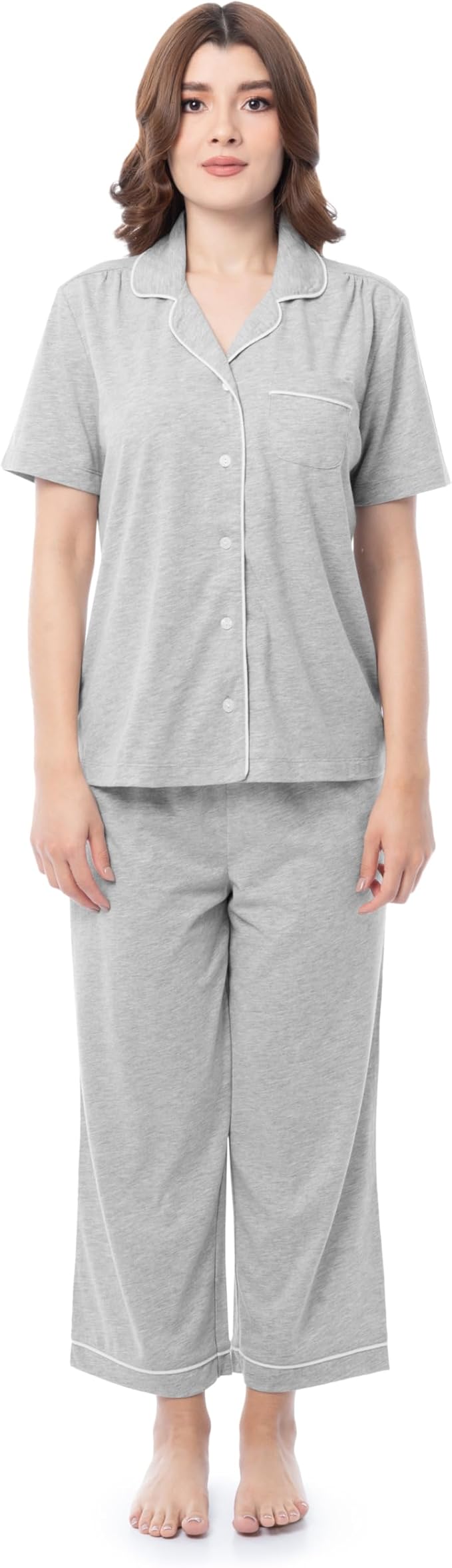 Fruit of the Loom Women's Pipped Button Down Sleep Set, Light Grey ...