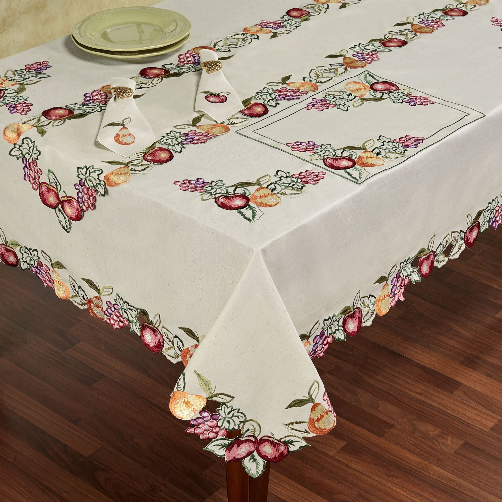 Fruitful Embroidered Oatmeal Dining Table Linens 70 x 144 Tablecloth ...