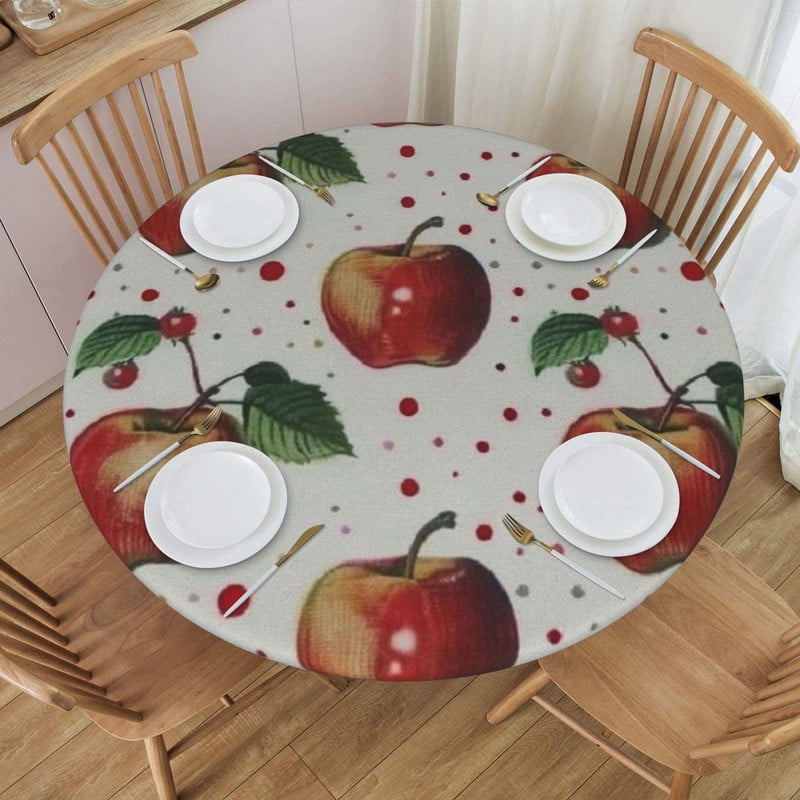 Fruits Apple Red Polka Dot Round Fitted Tablecloth with Elastic Fitted ...