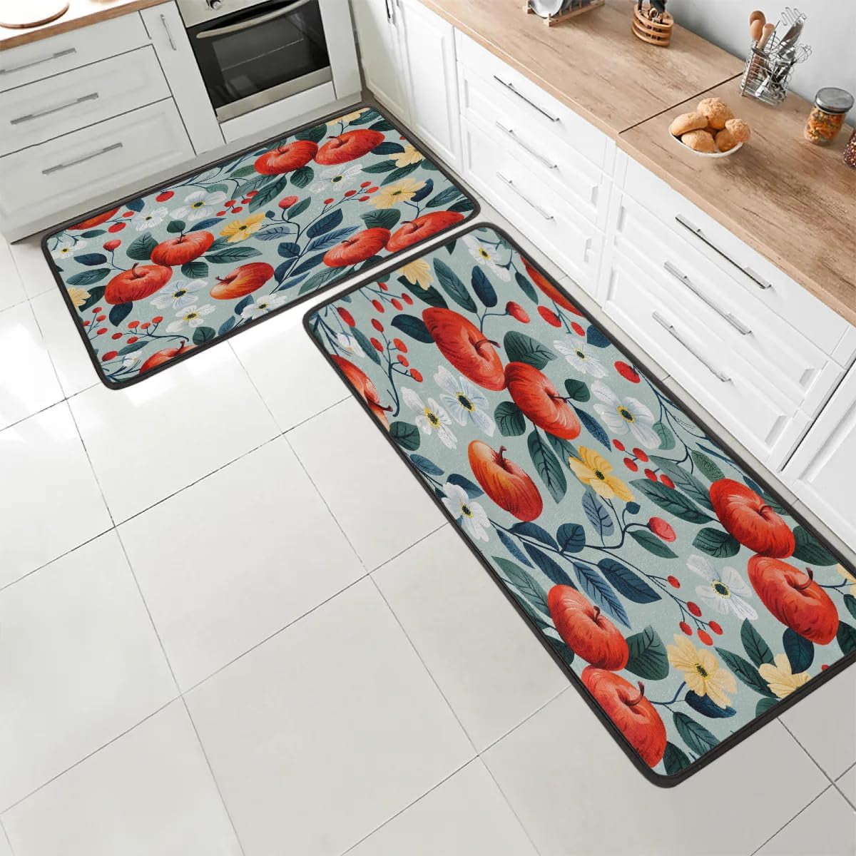 Fruits Apples Flower Kitchen Mat Set of 2 Non-Slip Washable Kitchen ...