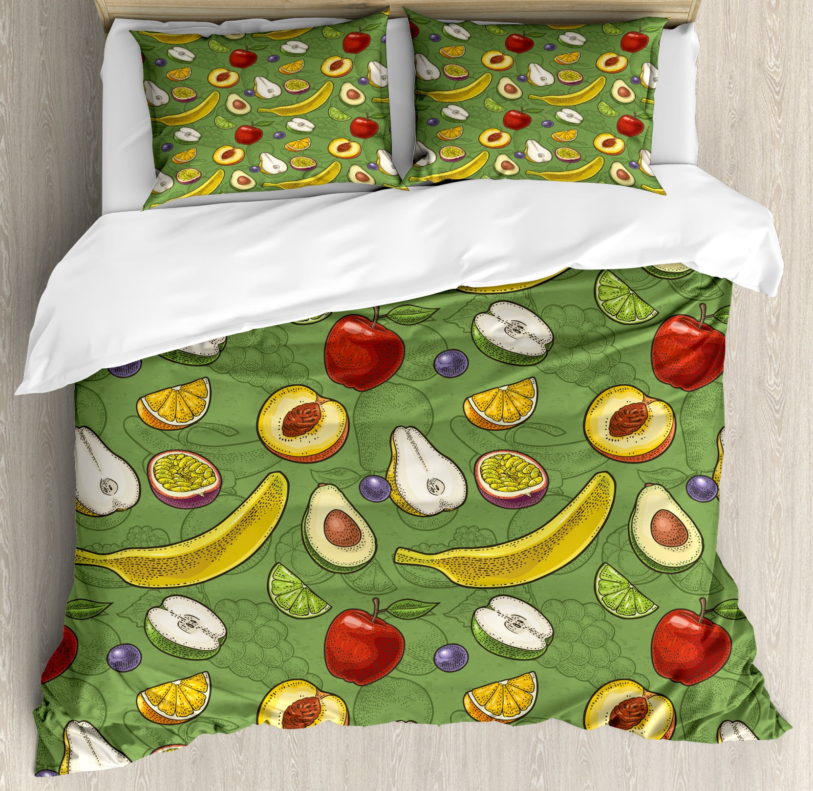Fruits Duvet Cover Set, Avocado Apples Banana Grapes Lime Healthy Peach ...