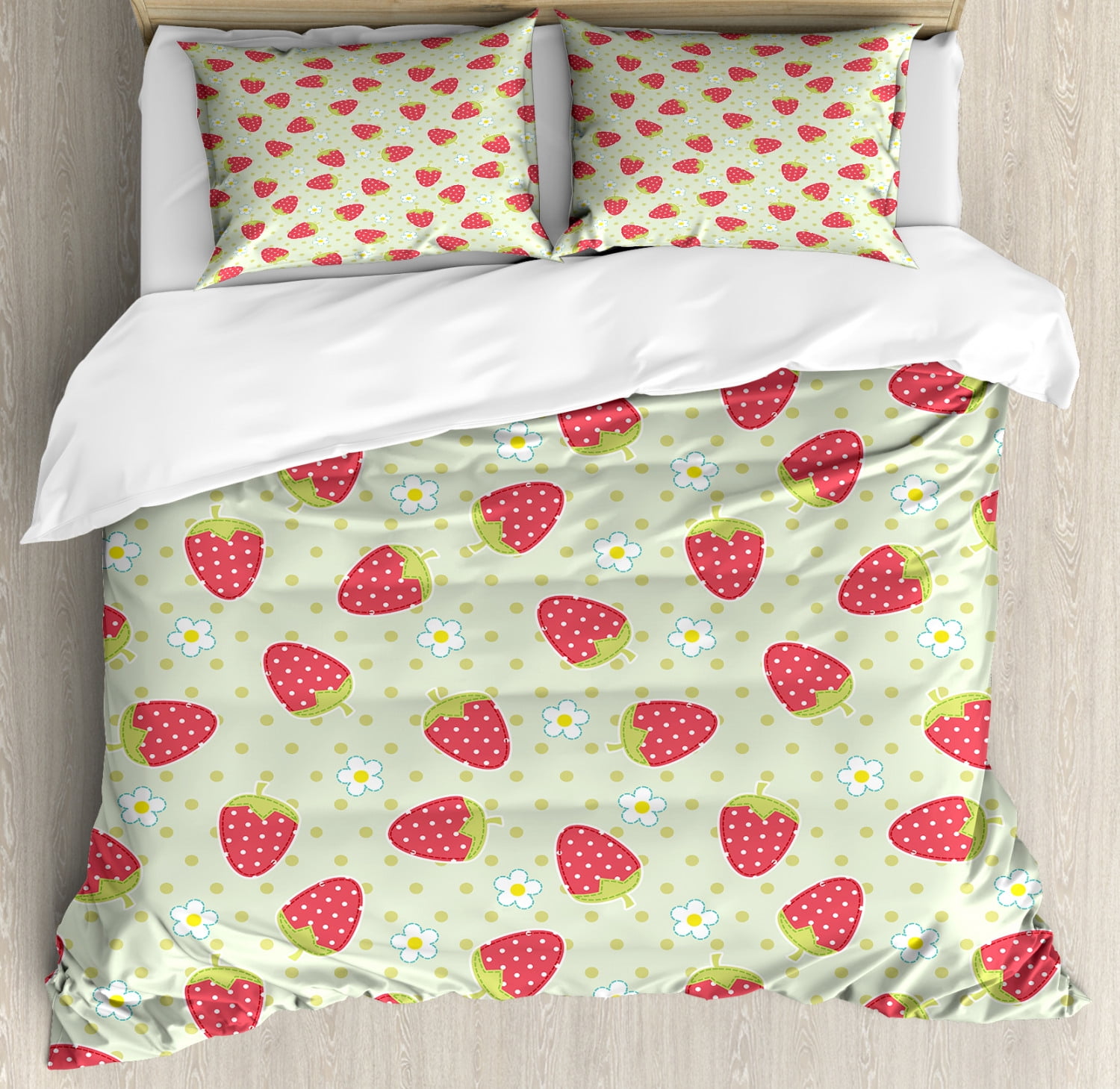 Fruits Duvet Cover Set Queen Size, Spring Daisy Blooms Fresh Strawberry ...