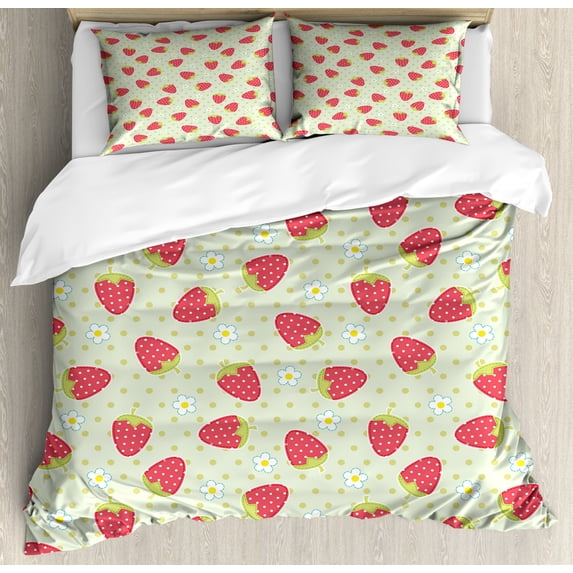 Fruits Duvet Cover Set Queen Size, Spring Daisy Blooms Fresh Strawberry ...