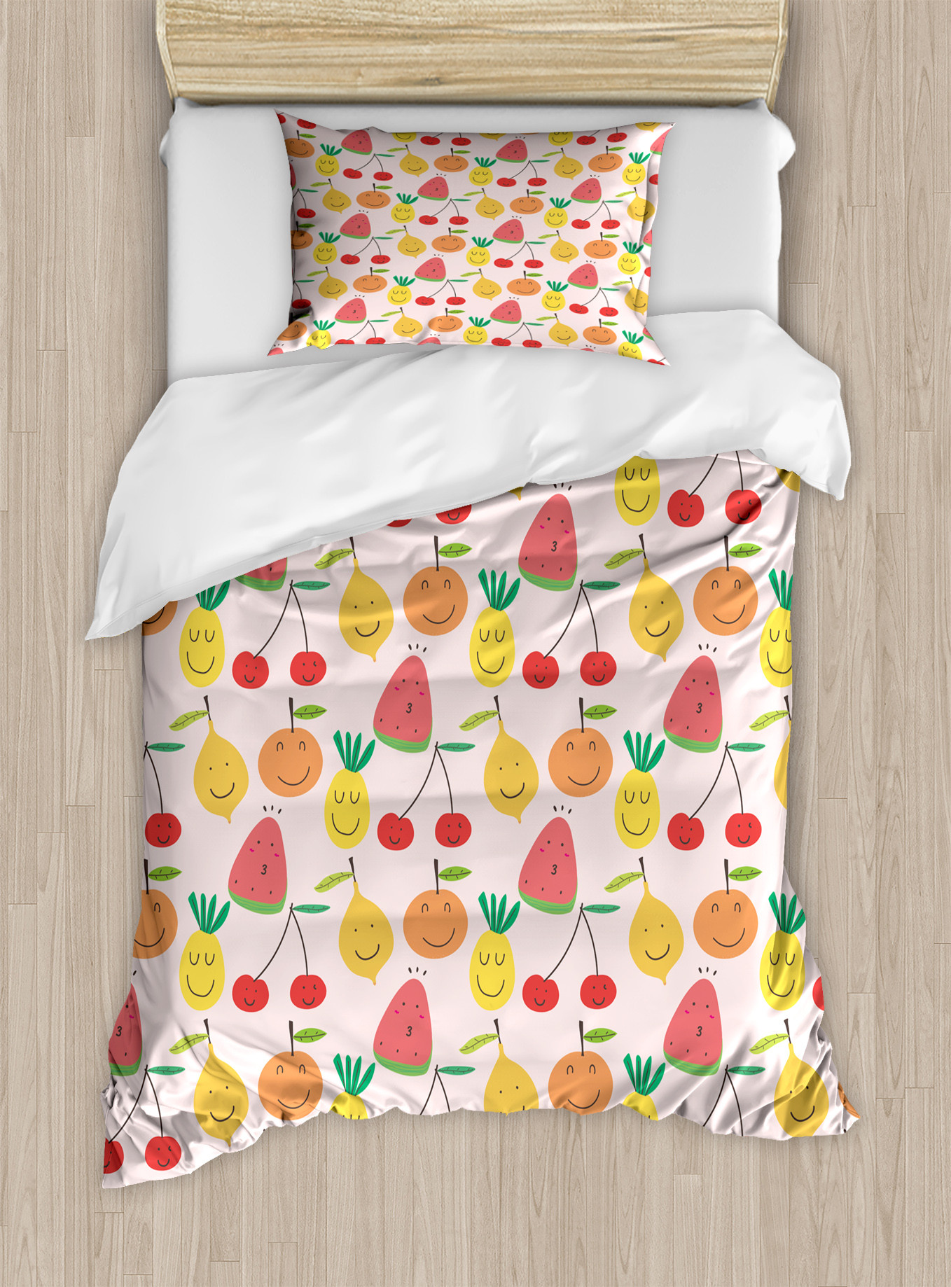 Fruits Duvet Cover Set, Smiling Cherry Strawberry Pineapple Orange ...