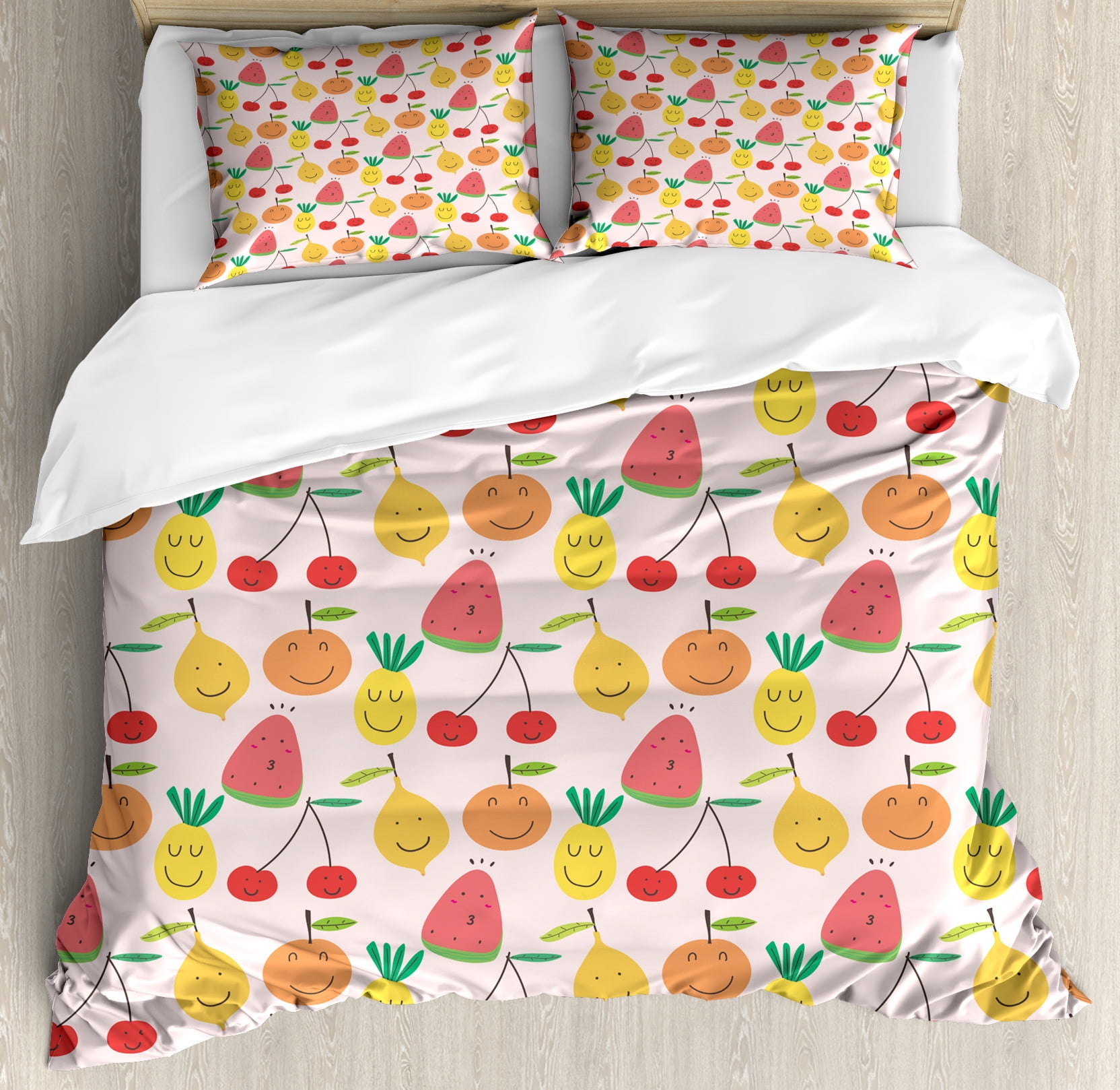 Fruits Duvet Cover Set, Smiling Cherry Strawberry Pineapple Orange ...