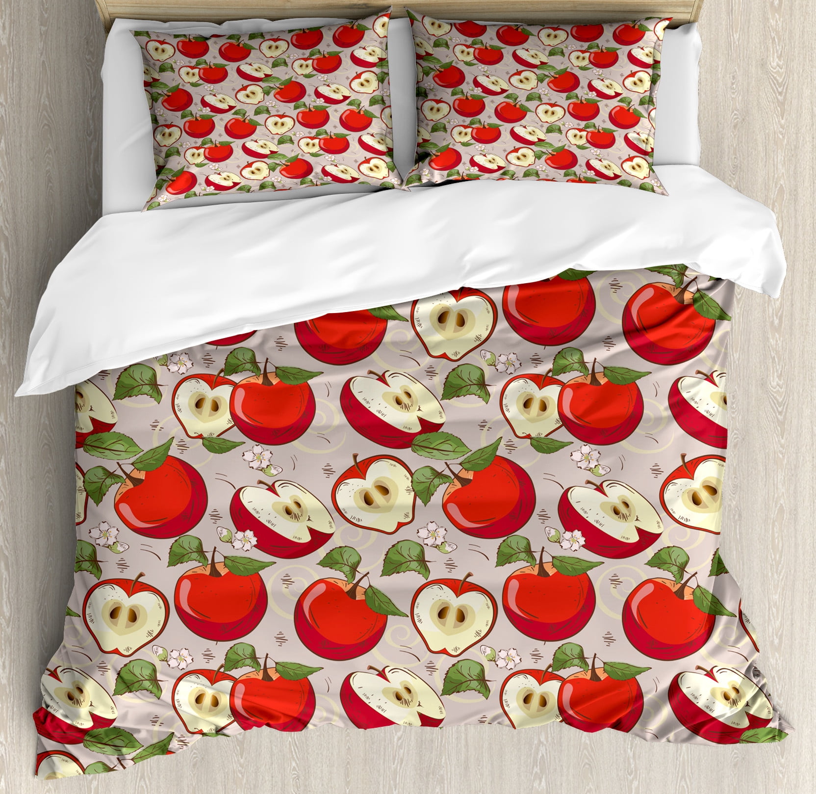 Fruits Duvet Cover Set, Spring Apple Slices of Flower Leaves Healthy ...