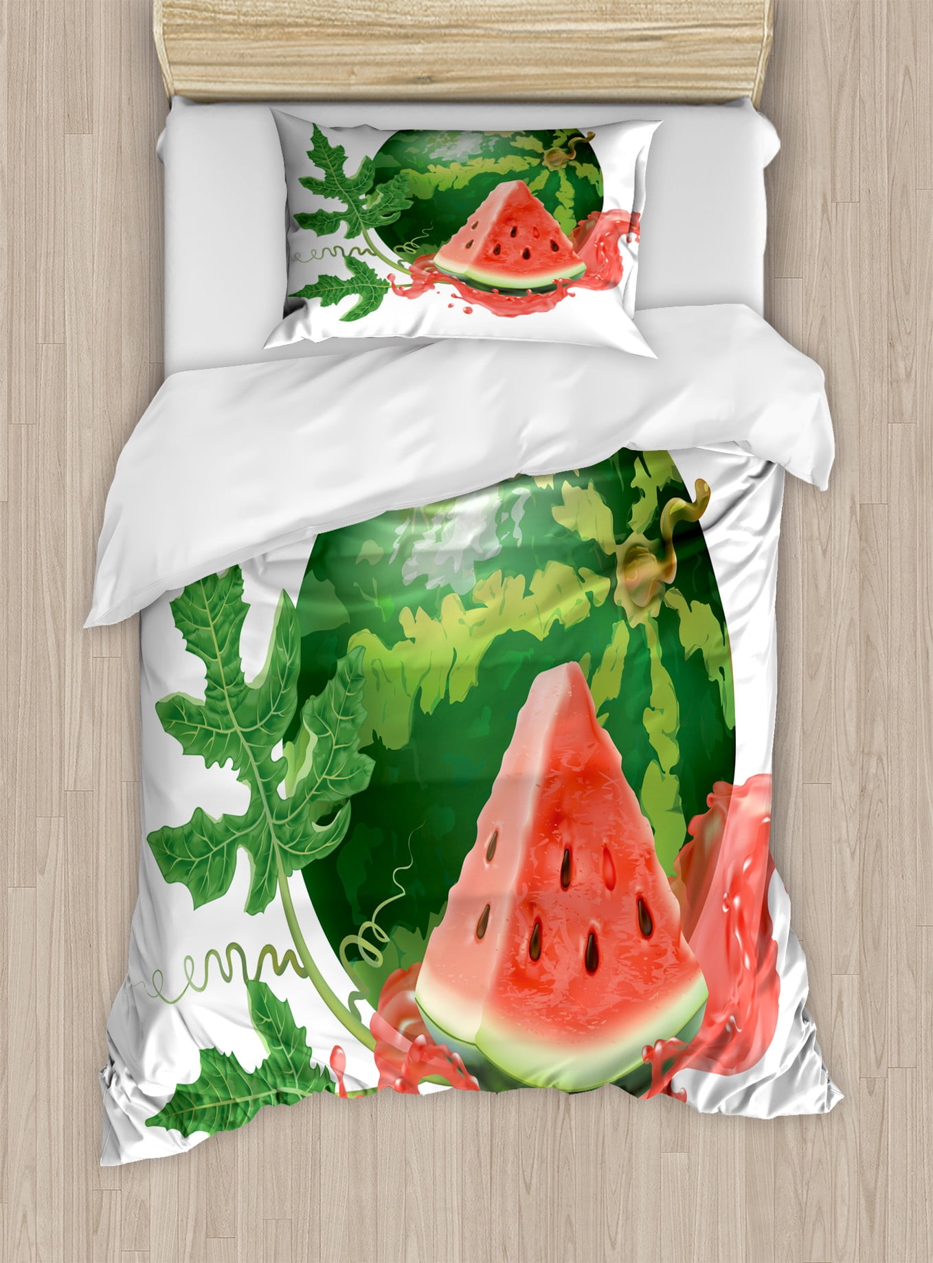 Fruits Duvet Cover Set, Whole and Sliced Watermelon Leaves Juicy Wave ...