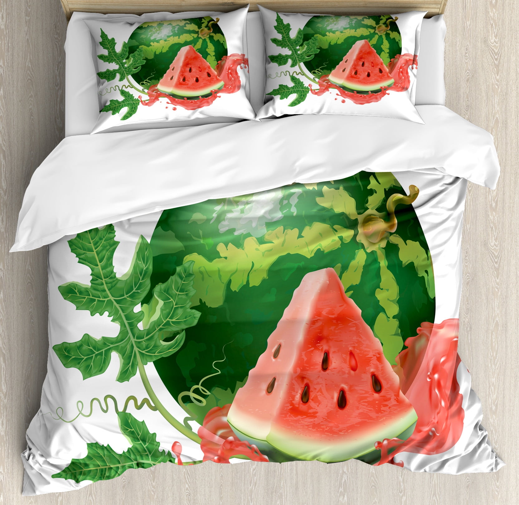 Fruits Duvet Cover Set, Whole and Sliced Watermelon Leaves Juicy Wave ...