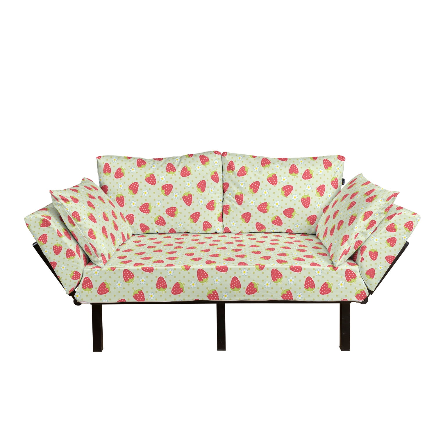 Fruits Futon Couch, Spring Daisy Blooms Fresh Strawberry Polka Dots ...
