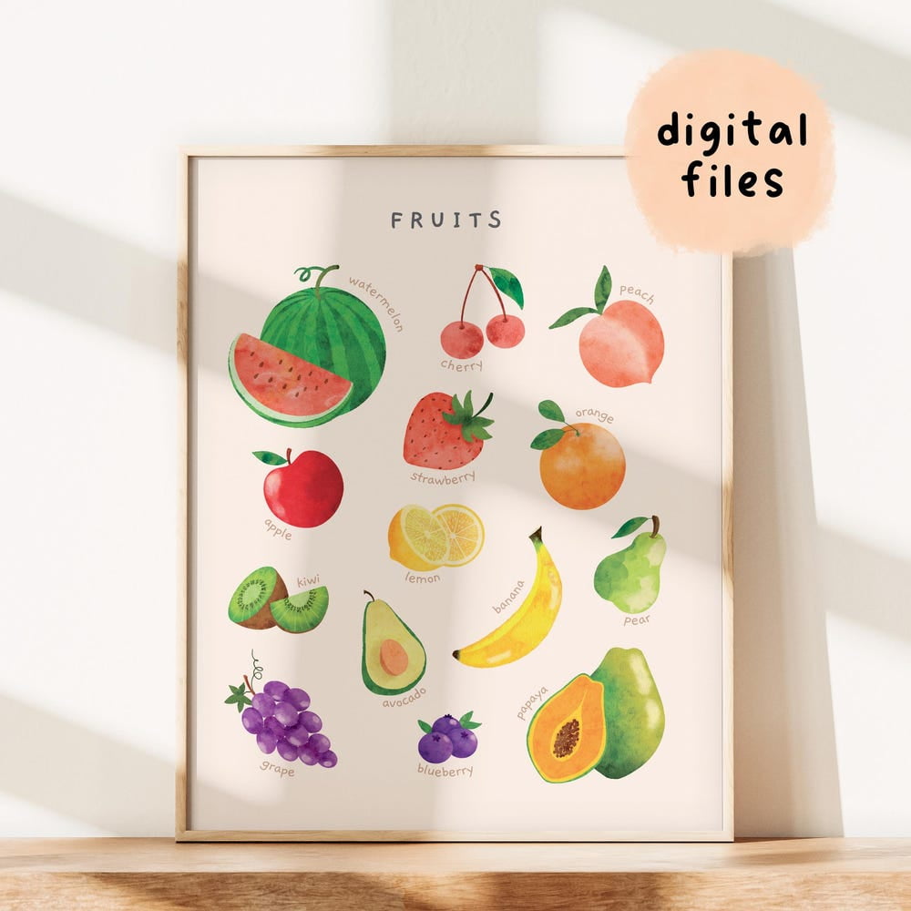 Fruits Homeschool Educational Posters, Watercolor Montessori Toddler ...
