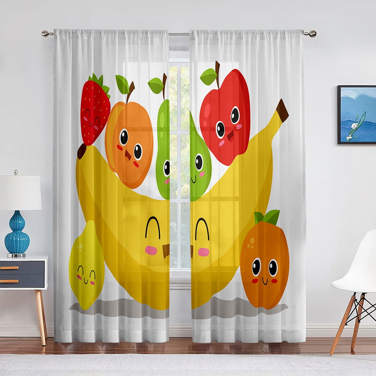 Fruits Sheer Voile Curtain Smiling Banana Orange Lemon Window Tulle ...