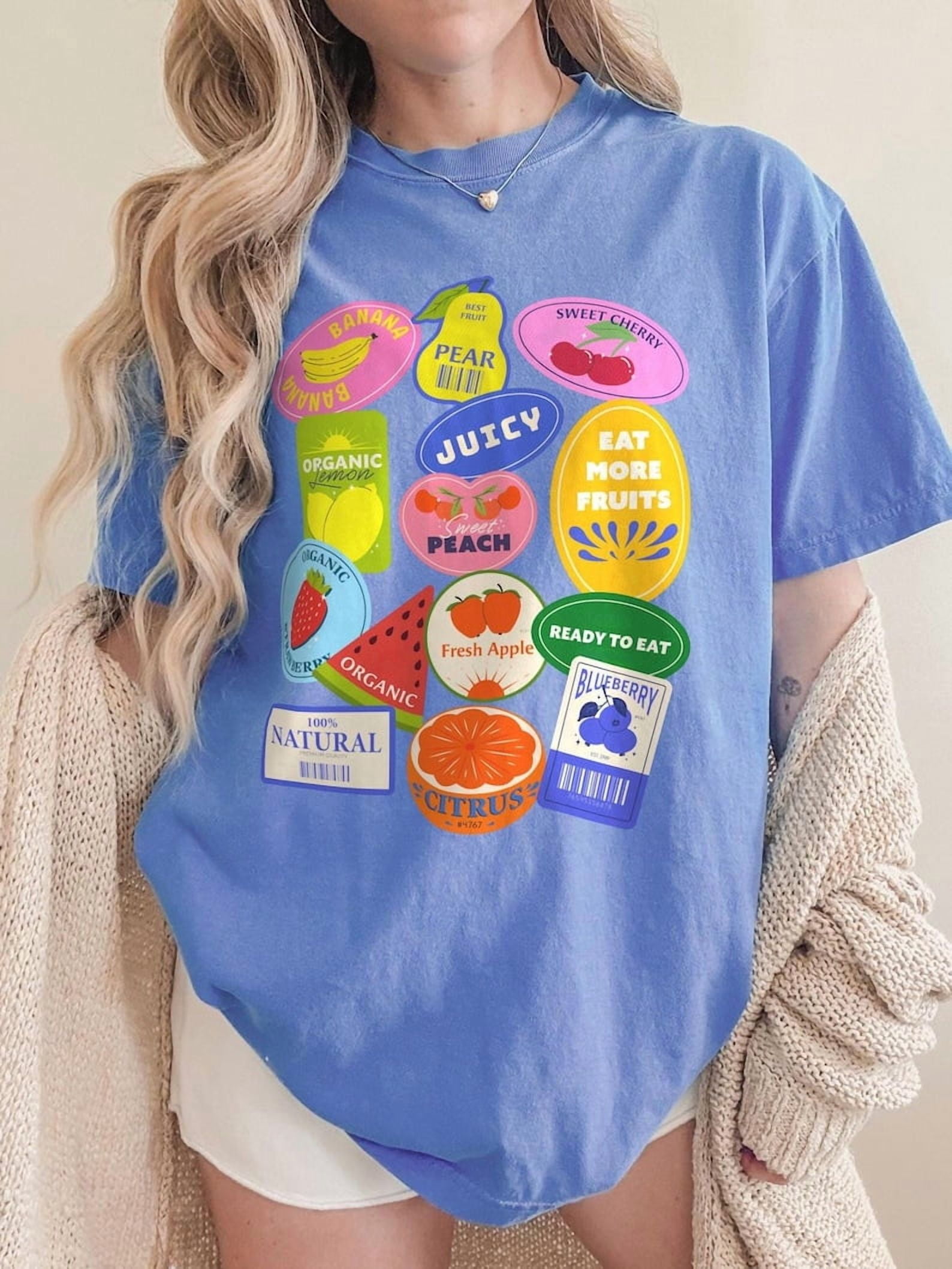 Fruits Stickers Shirt, Trendy Summer Graphic Tee, Preppy Aesthetic T ...
