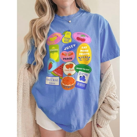 Fruits Stickers Shirt, Trendy Summer Graphic Tee, Preppy Aesthetic T ...