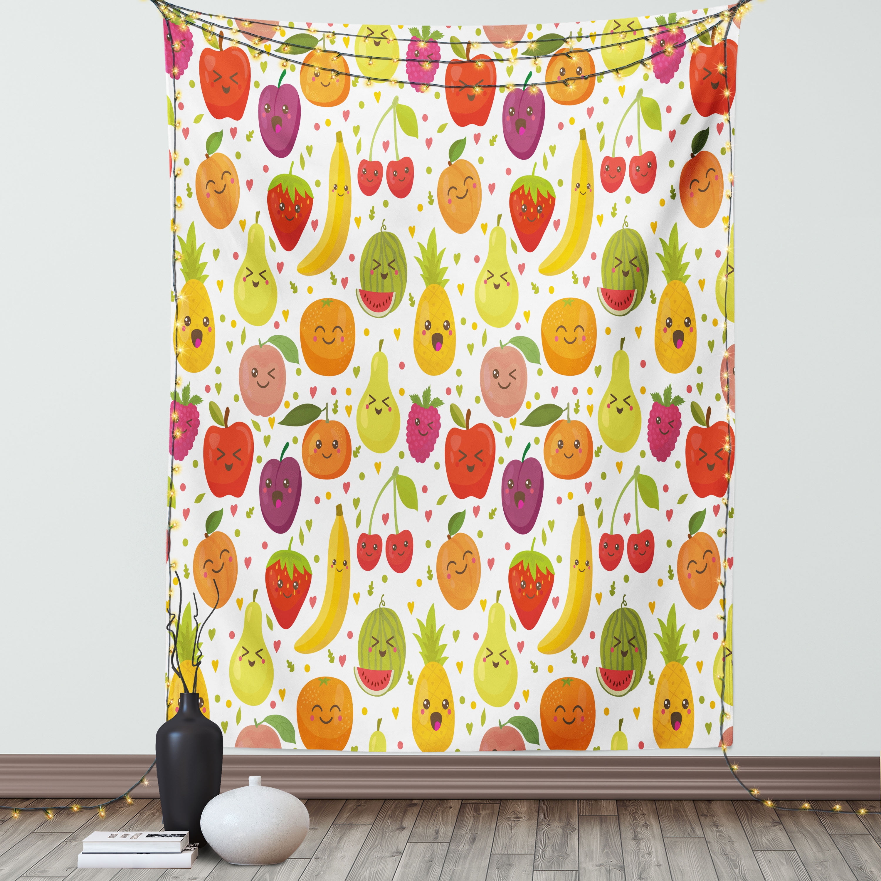 Fruits Tapestry, Smiling Banana Funny Mulberry Happy Apricot Peach Hearts Lemons Kids Nursery ...