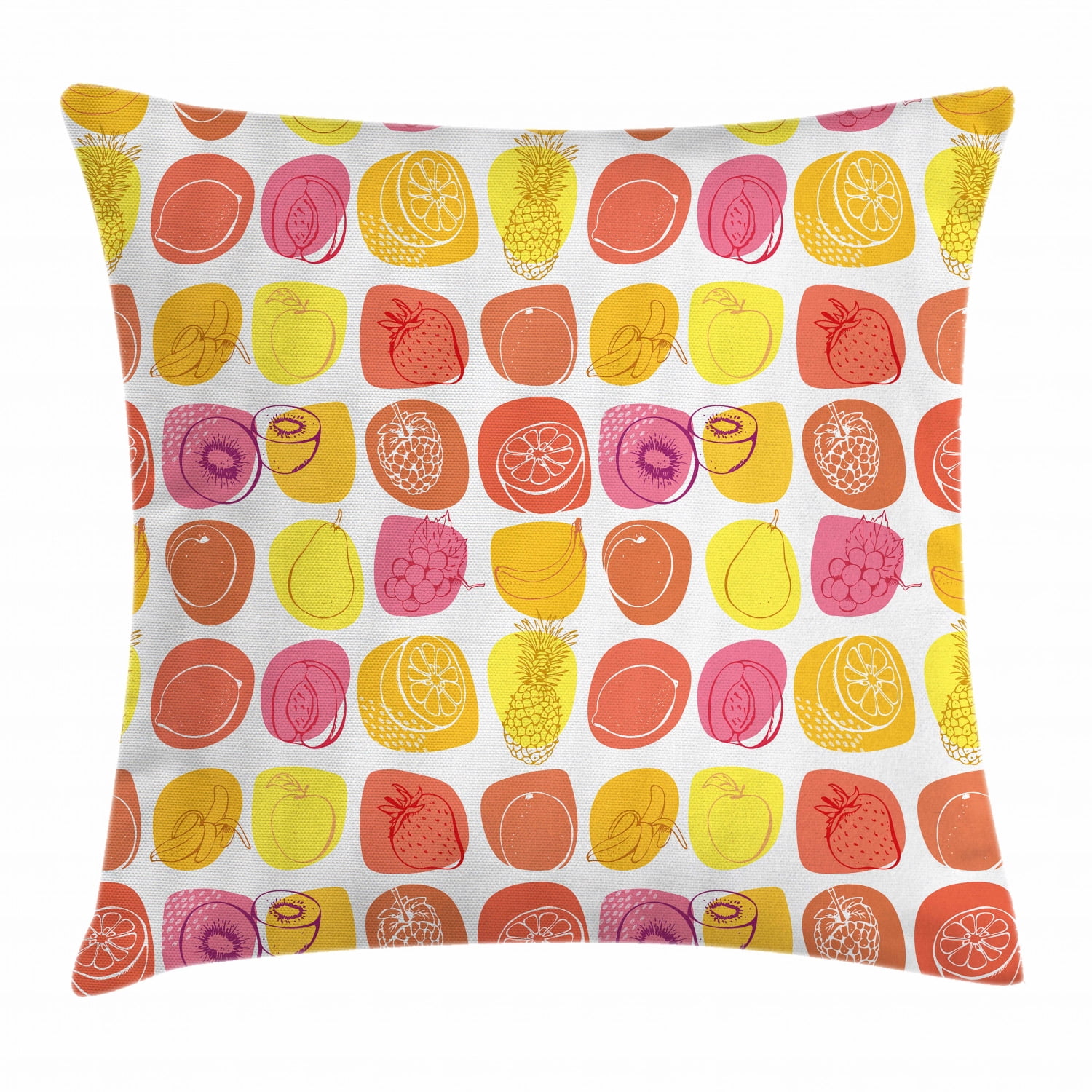 Fruits Throw Pillow Cushion Cover, Retro Pineapple Lemon Kiwi Raspberry ...