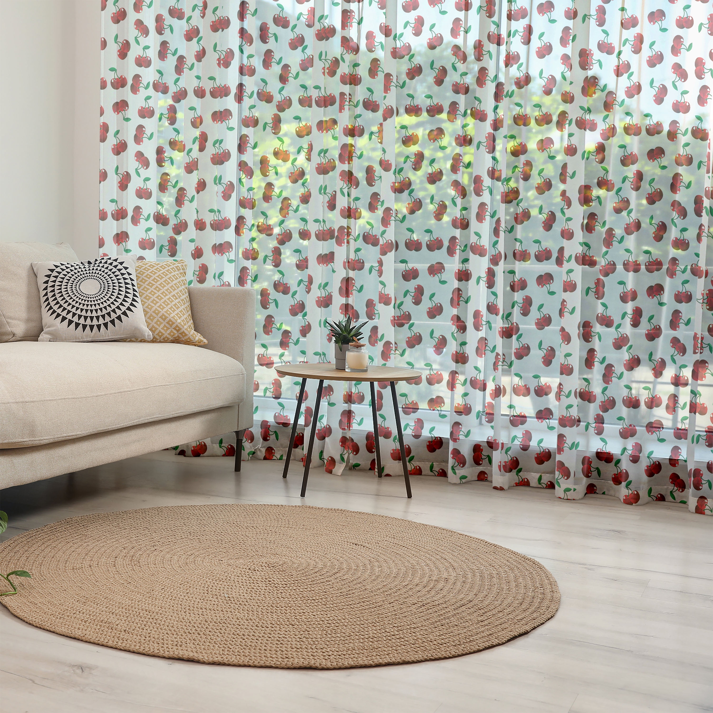 Fruits Tulle Curtains with Rod Pocket, Vibrant Cherries Vitamin ...