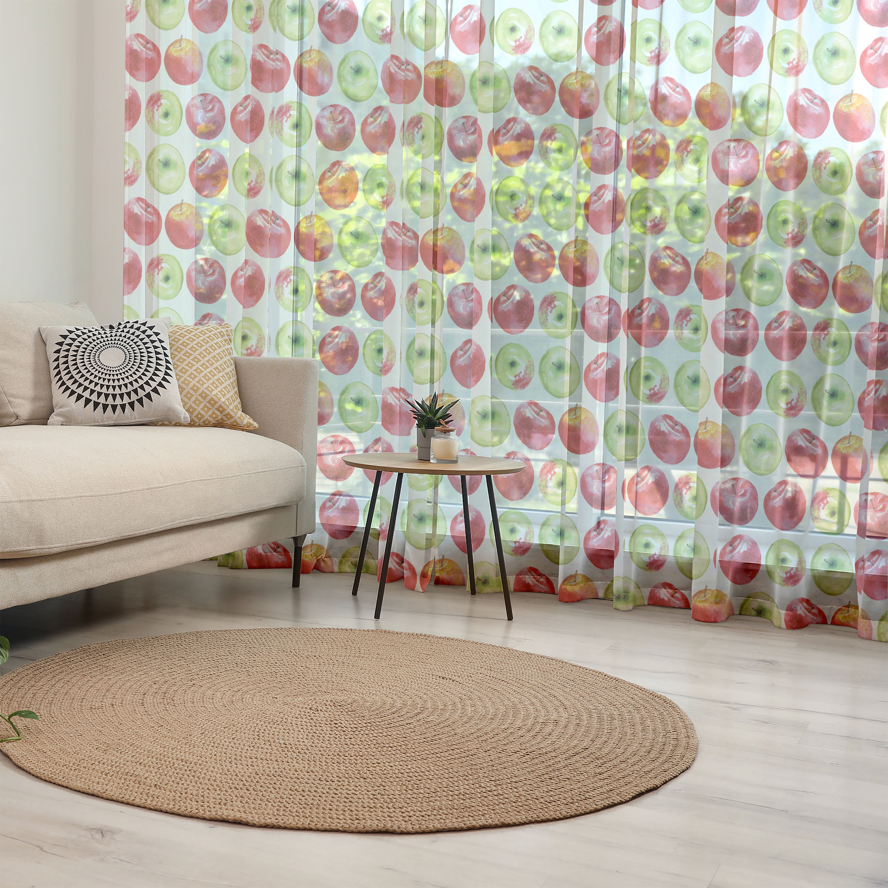 Fruits Tulle Curtains with Rod Pocket, Watercolor Macoun Cameo and ...