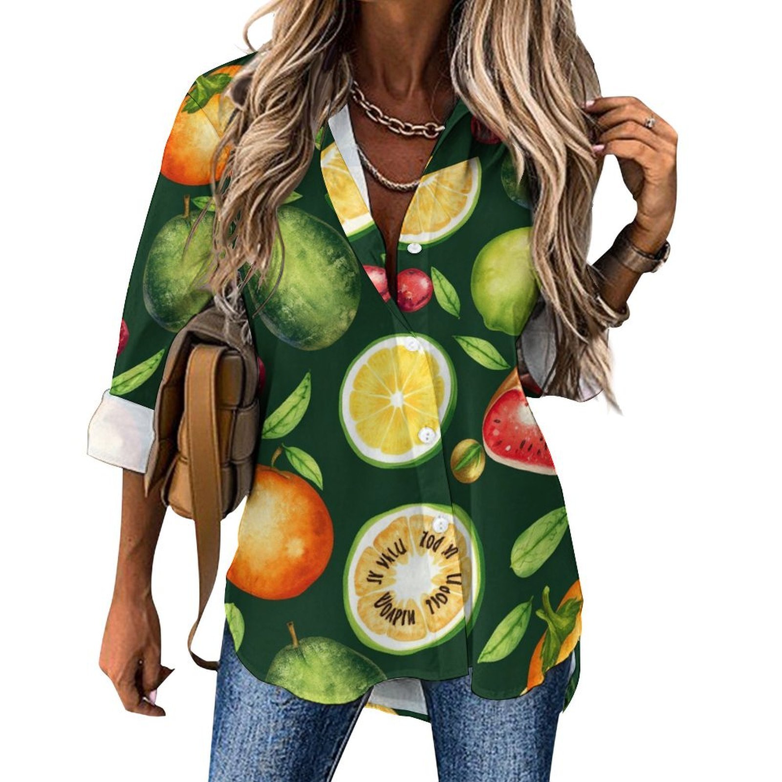 Fruity Green Background Casual Blouse Long-Sleeve Blouses Woman Street ...