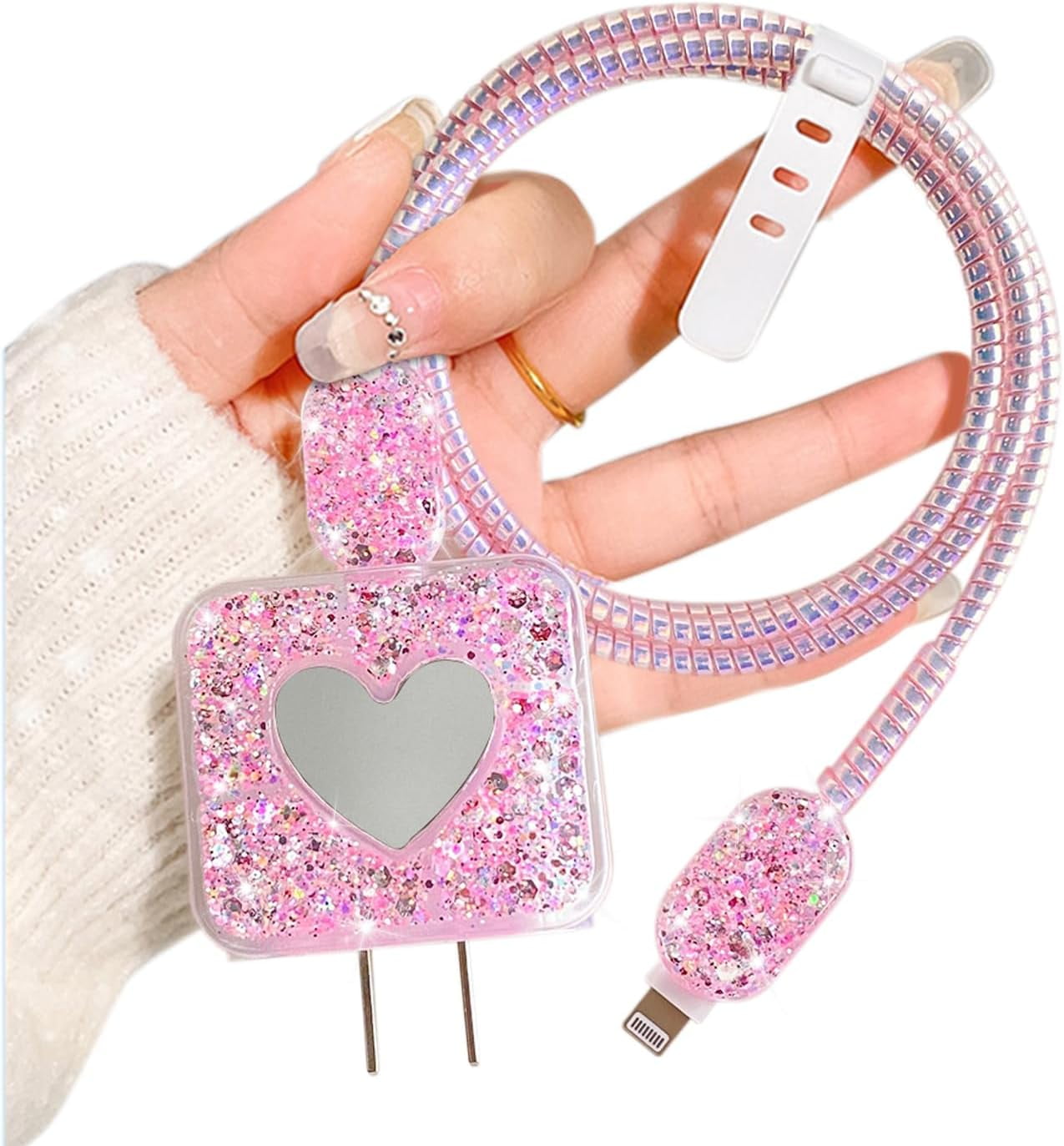 Frusde Cable Protector for iPhone Charger with Mirror, Cute Glitter ...