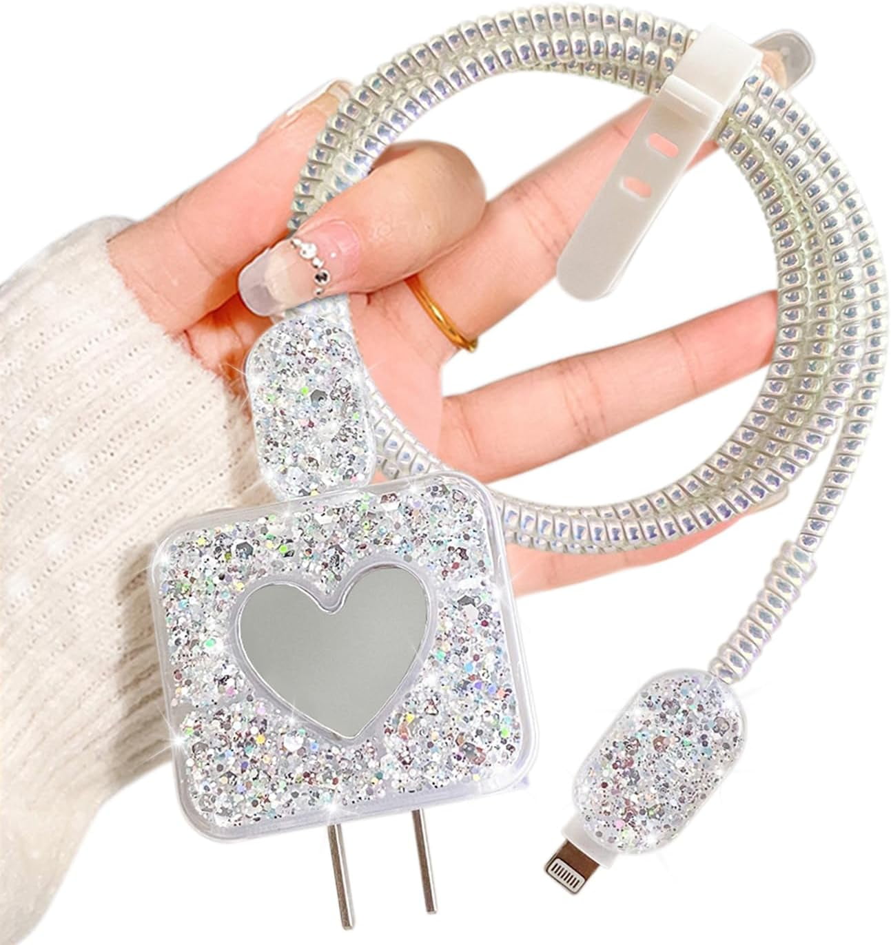 Frusde Cable Protector for iPhone Charger with Mirror, Cute Glitter ...