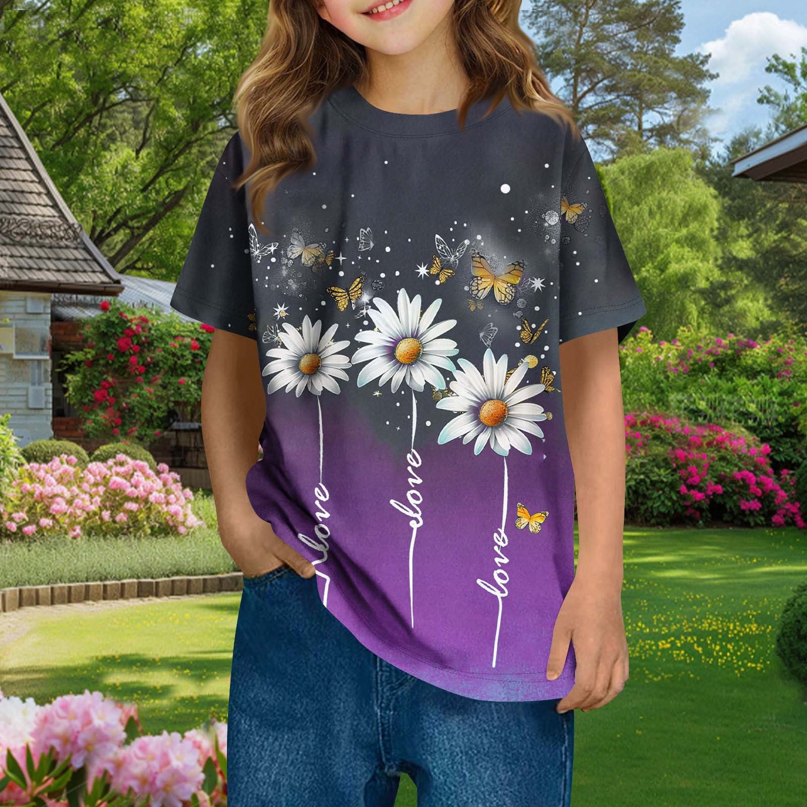 Frwgonr Girls Tees Short Sleeve T Shirts Kids Summer Tops Crewneck ...