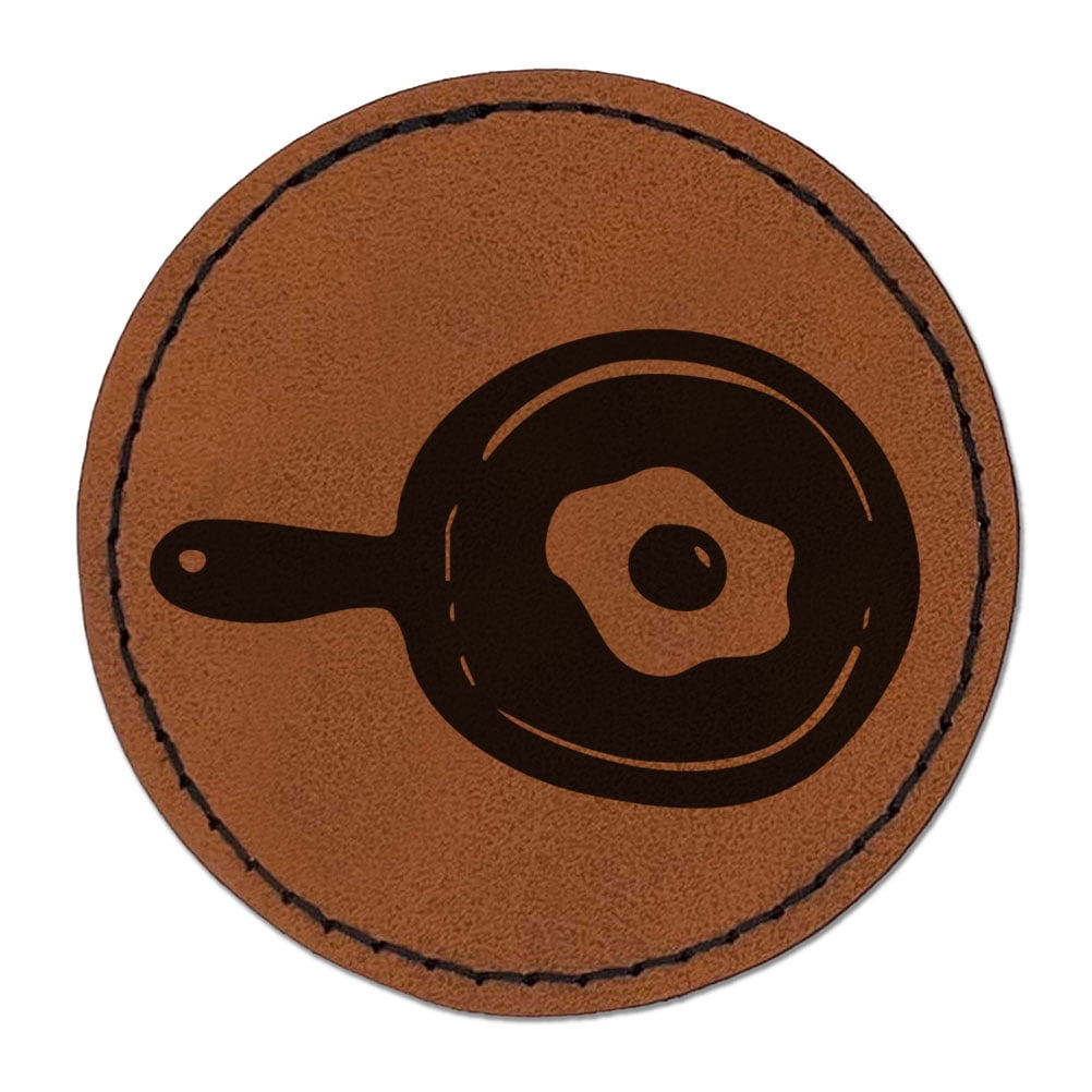 Frying Pan Skillet Fried Egg Round Iron-On Engraved Faux Leather Patch ...