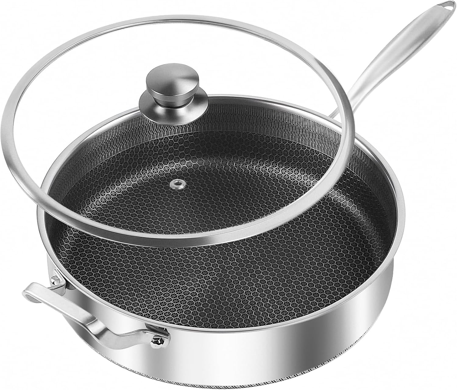 Frying Pans Nonstick wih Lid, Non Stick Tri-Ply Stainless Steel Saute ...