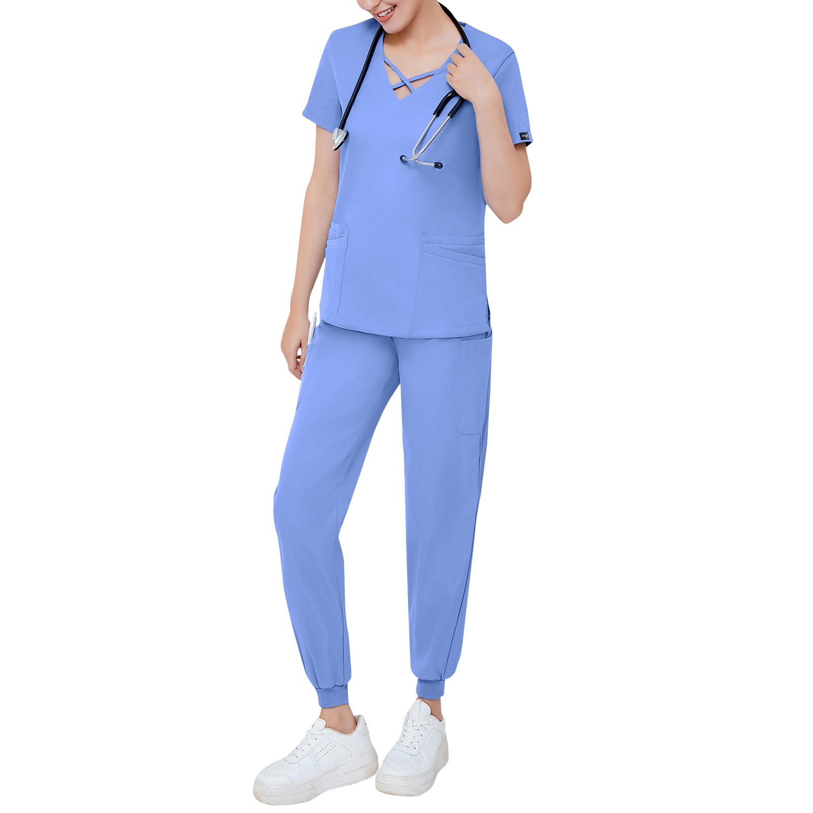 FrzhBrz Comfortable Scrub Sets for Women Cross Stretch Short Sleeve Top ...