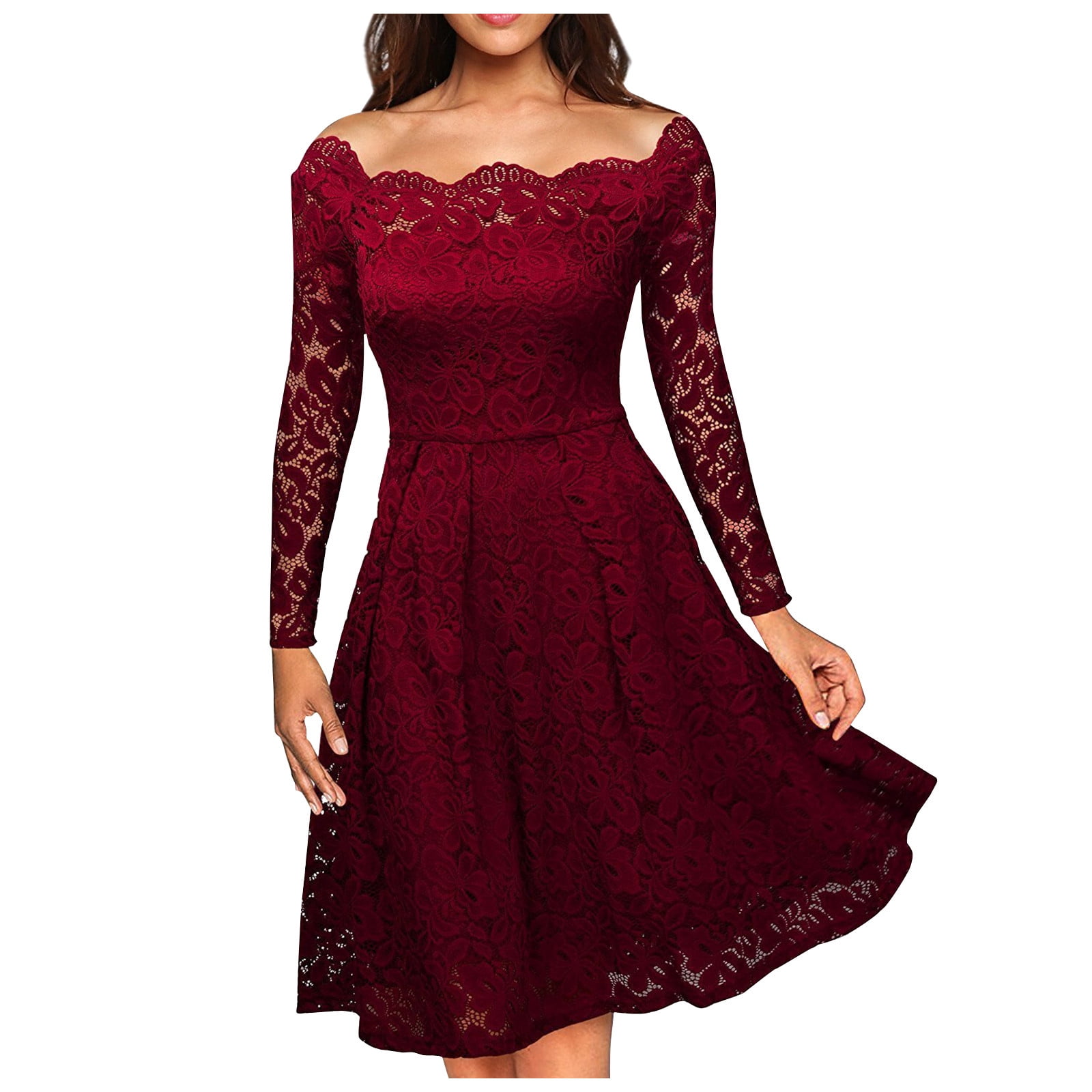 FrzhBrz Dresses for Women Vintage Floral Lace Long Sleeve Boat Neck ...