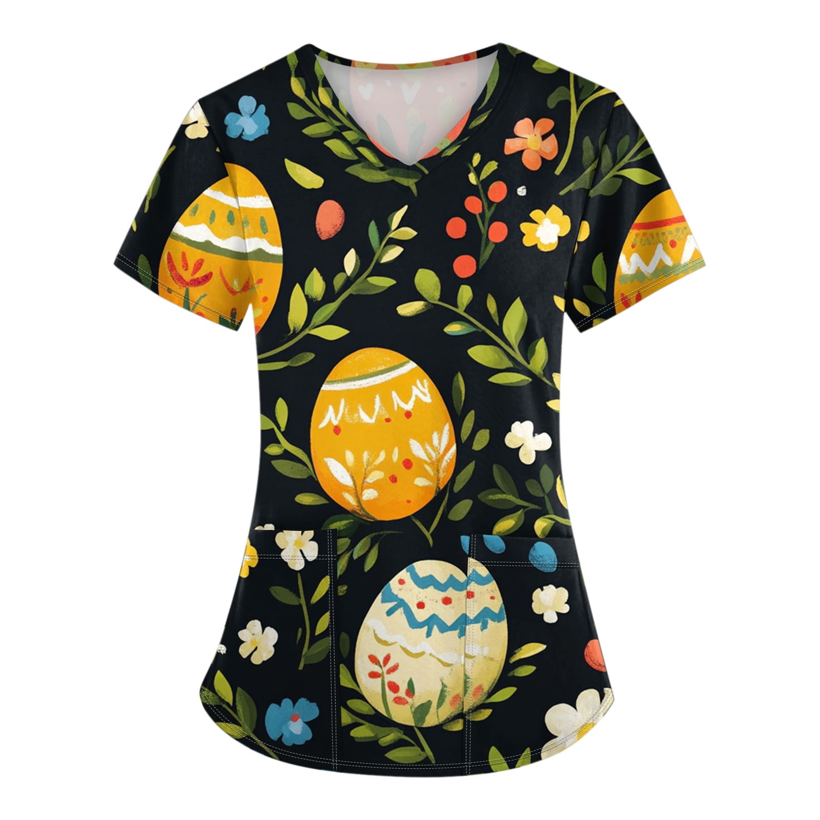 FrzhBrz Easter Women's Comfort Fit Short Sleeve V-Neck Scrub Top, Fun ...
