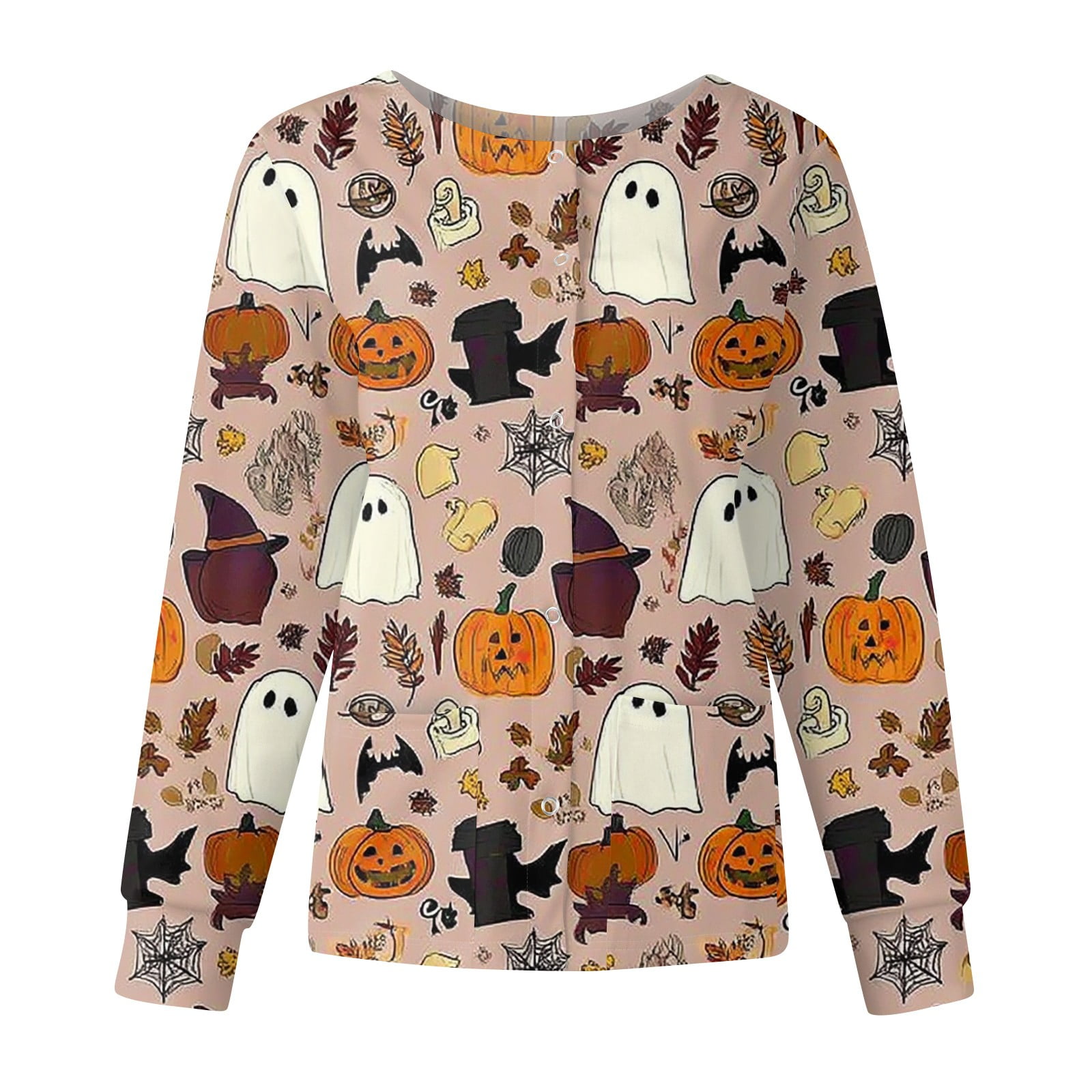 FrzhBrz Halloween Pumpkin Ghost Printed Scrub Jackets Woman Long Sleeve ...