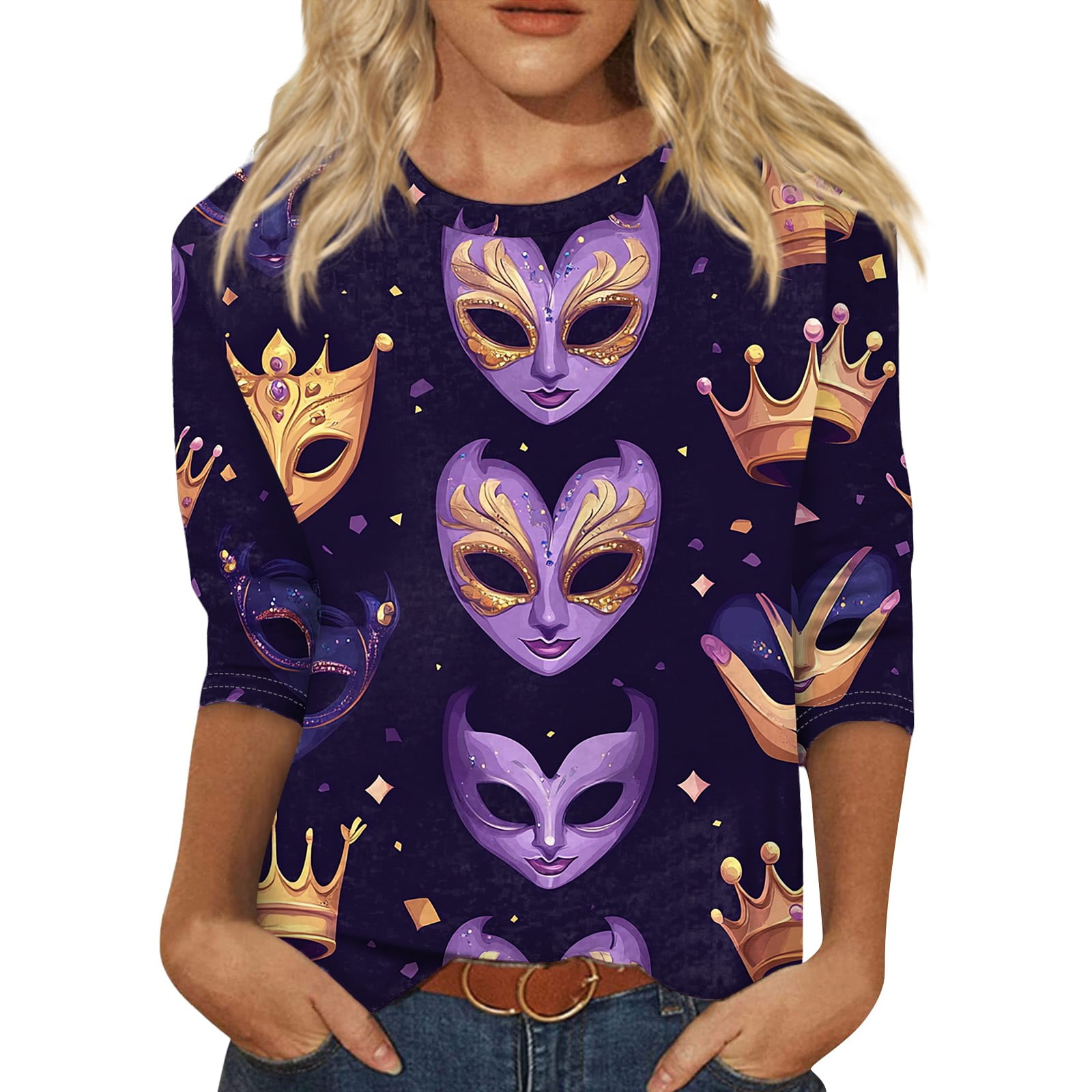 FrzhBrz Mardi Gras Shirts for Women 3/4 Sleeve Round Neck Carnival ...