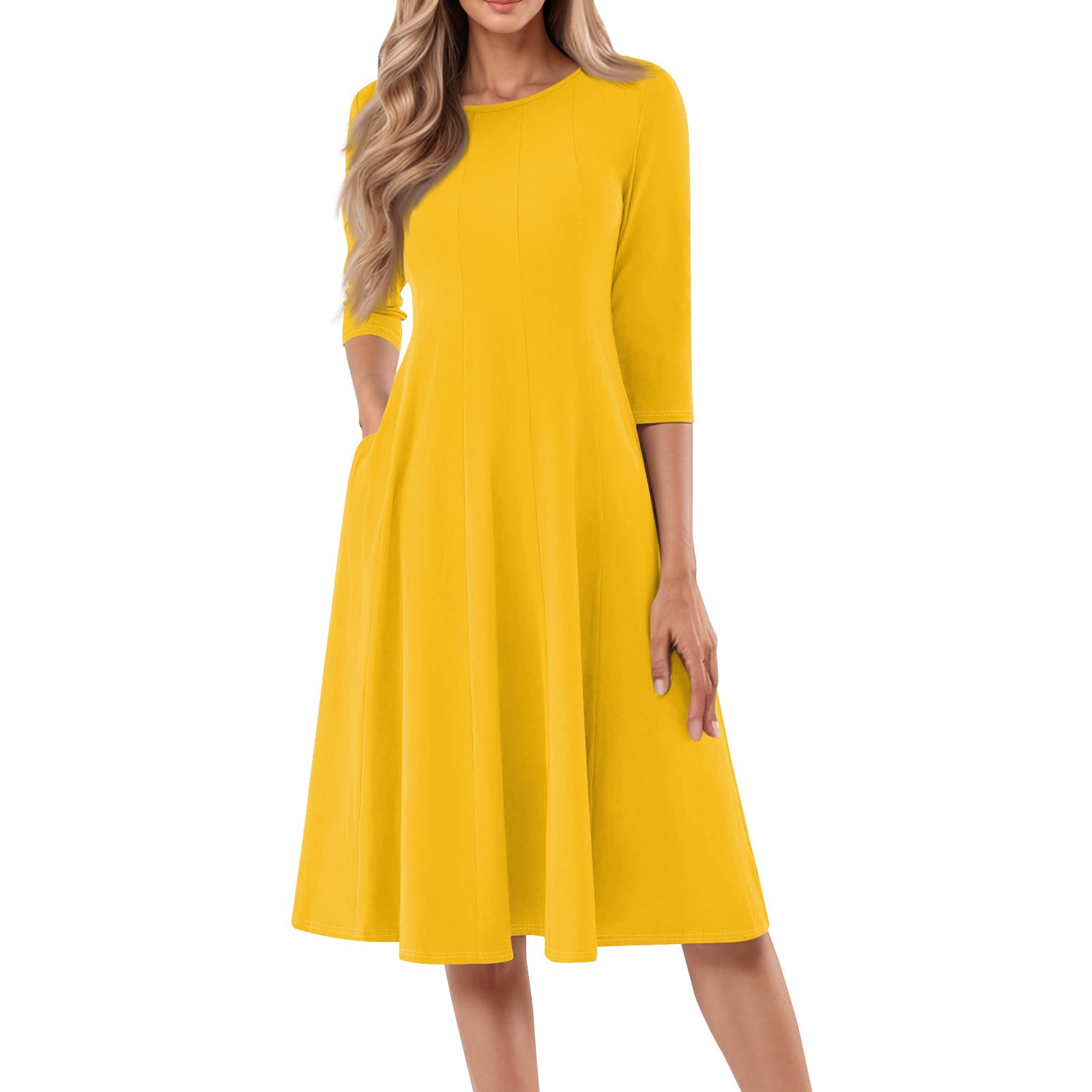 FrzhBrz Midi 3/4 Sleeve Dresses for Women Comfy A-Line Boat Neck Basic ...