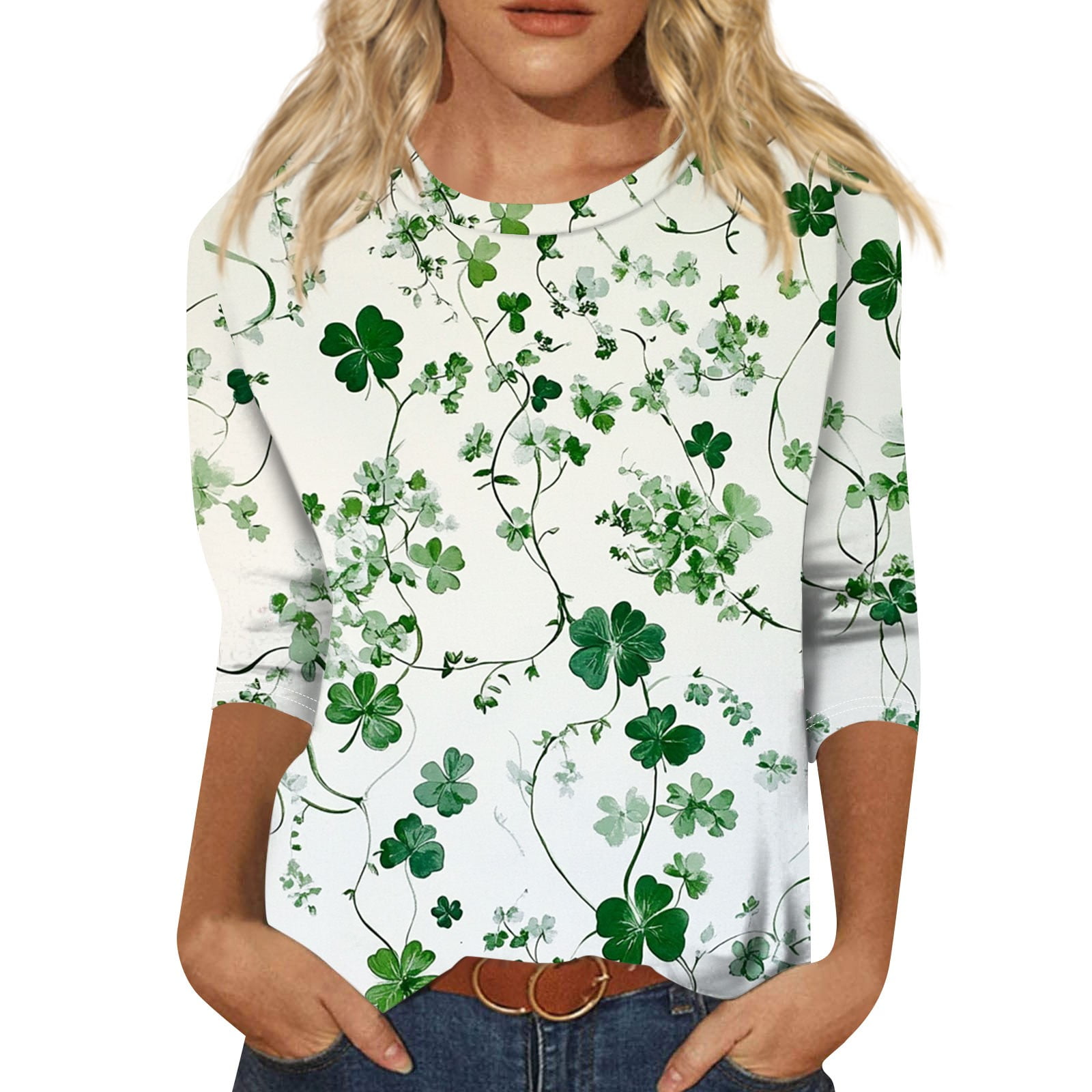 FrzhBrz St Patricks Day Sweatshirt Women 3/4 Sleeve Tops for Women lrish Lucky Clover Crew Neck ...