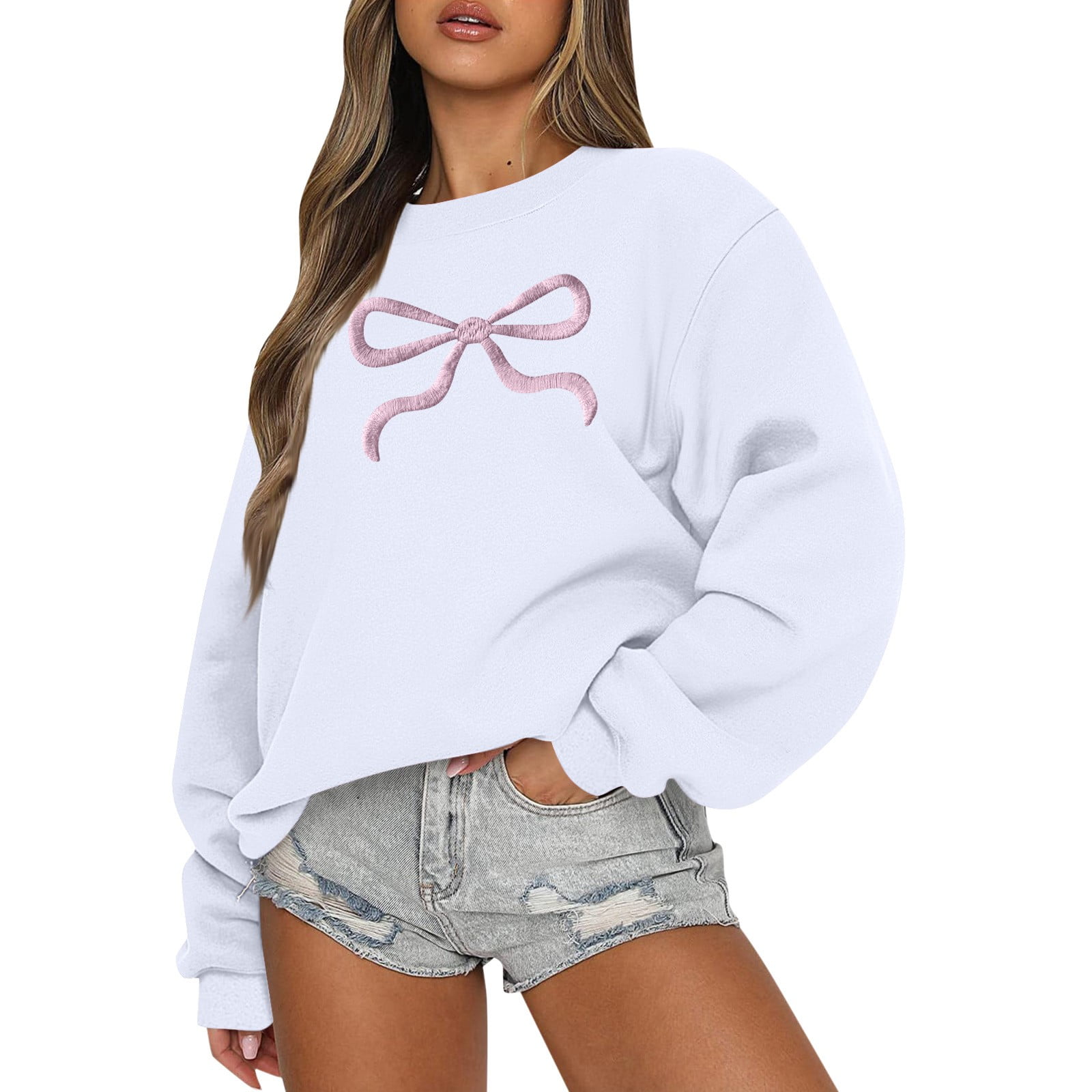 FrzhBrz Sweatshirts for Women Loose Fit Hoodies Pink Bow Round Neck ...