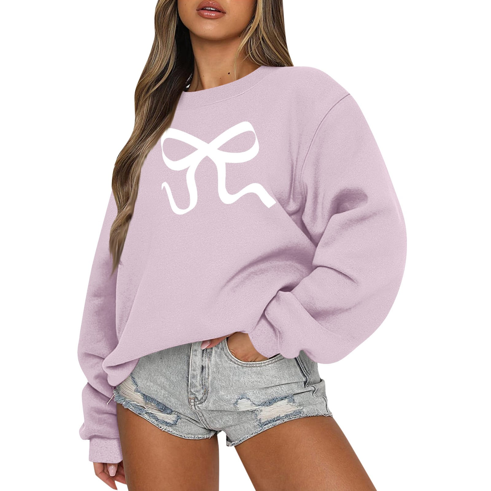 FrzhBrz Sweatshirts for Women Loose Fit Hoodies Pink Bow Round Neck ...