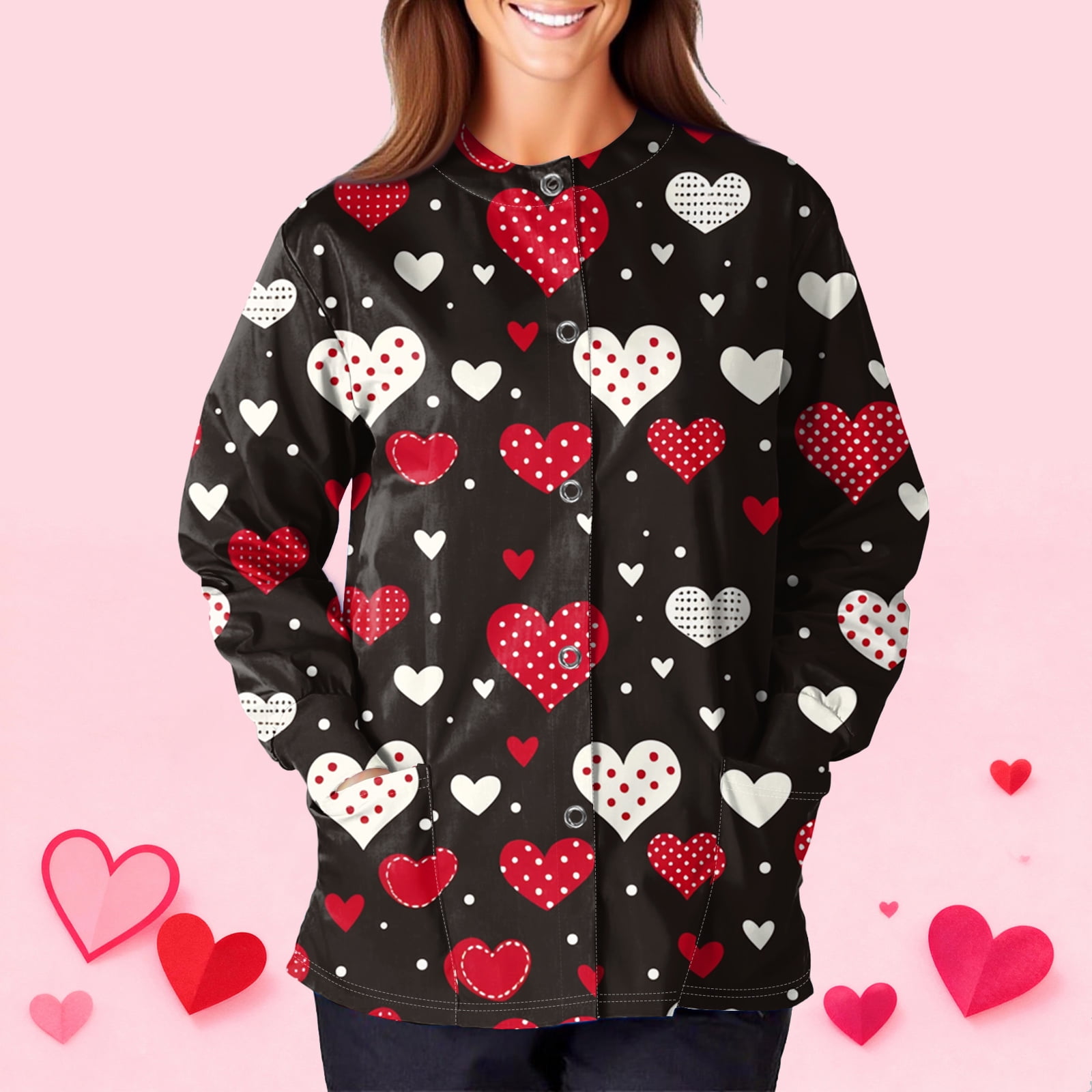 FrzhBrz Valentines Day Womens Scrub Jacket Long Sleeve Button Down Cute ...