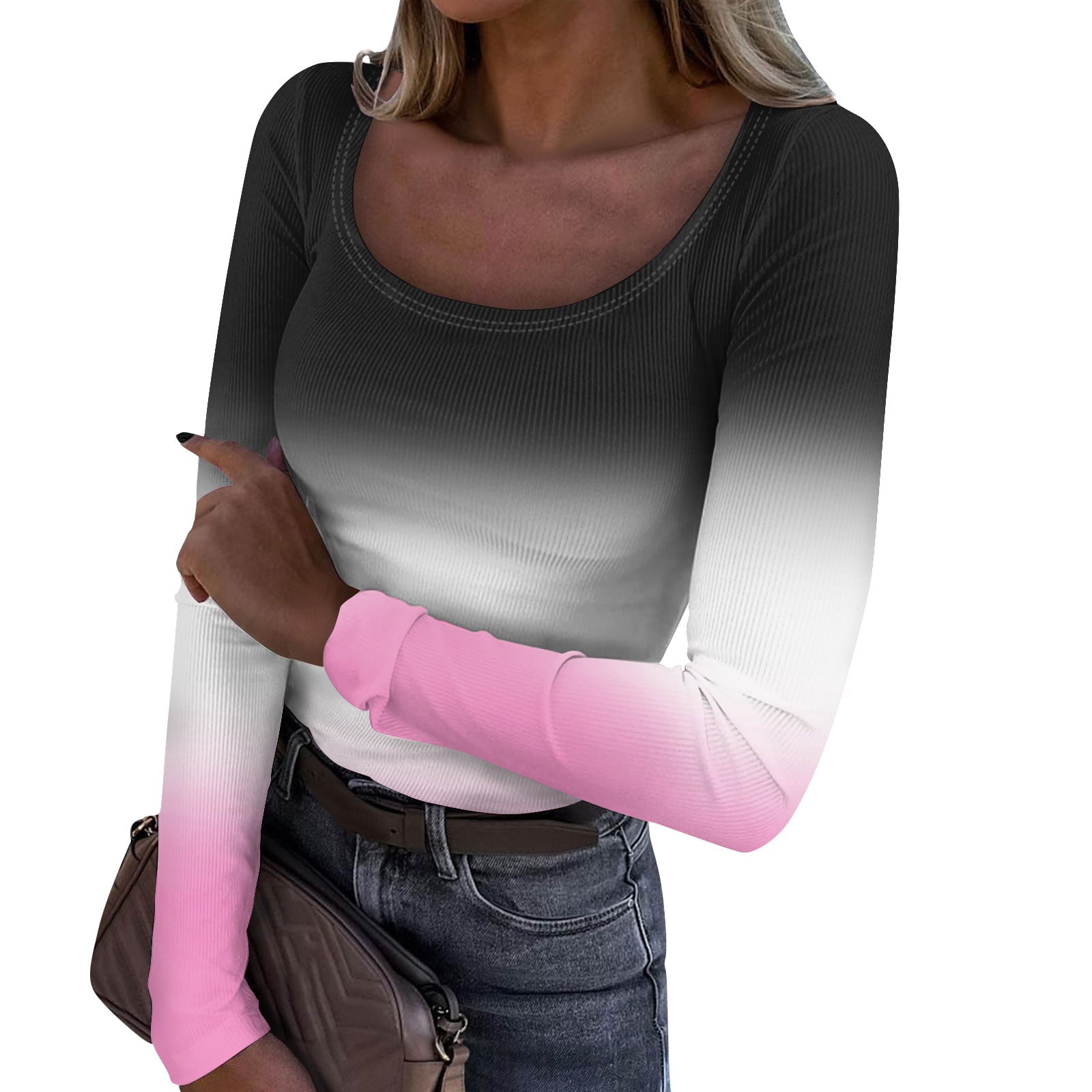 FrzhBrz Women Long Sleeve Shirt Basic Slim Fitted Shirts Scoop Neck ...