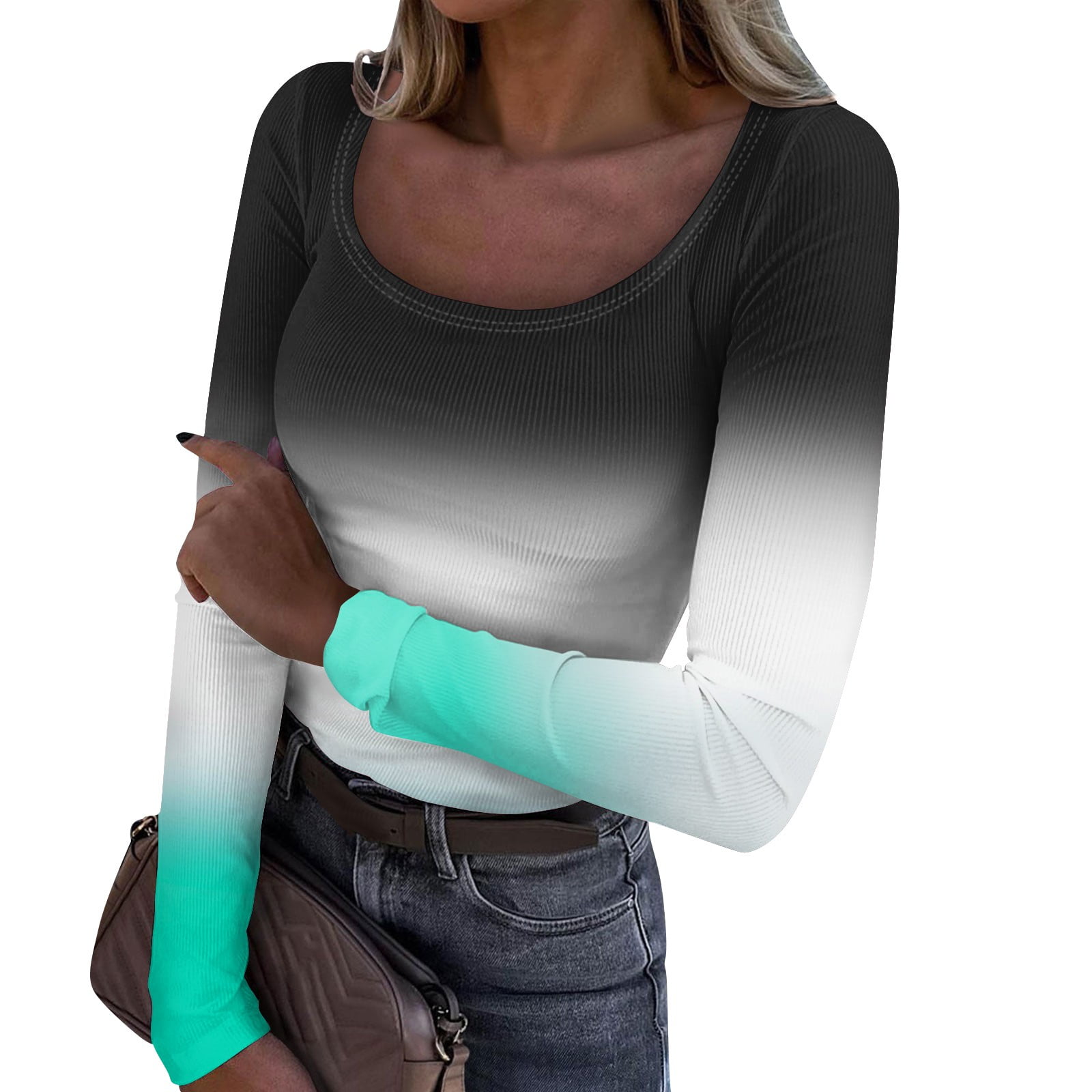 FrzhBrz Women Long Sleeve Shirt Stretch Square Neck Ribbed T-Shirt ...