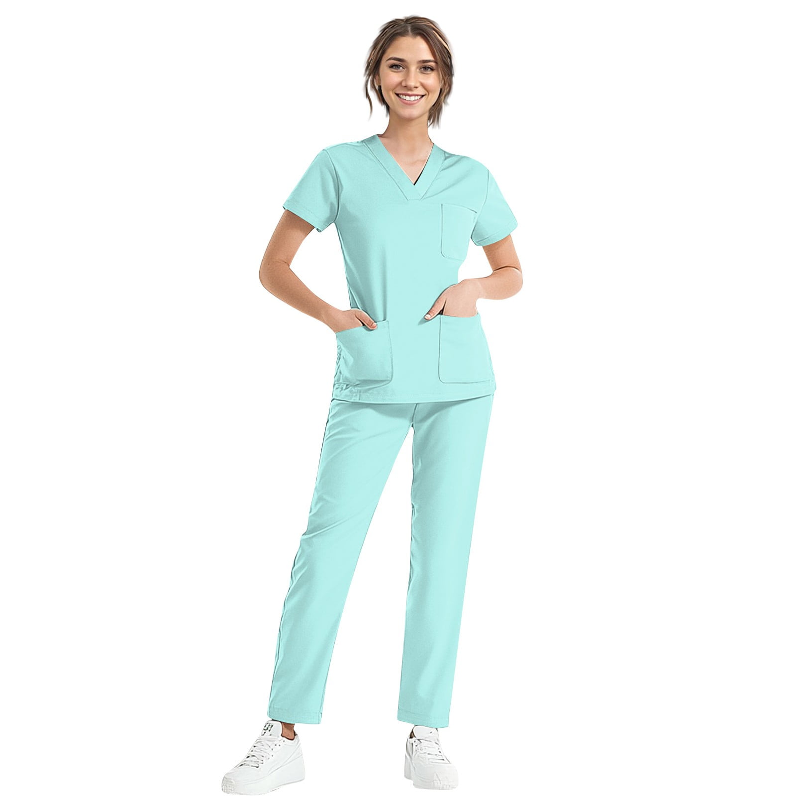 FrzhBrz Women Scrubs Set with Pocket Short Sleeve V-Neck Nurse Tops ...