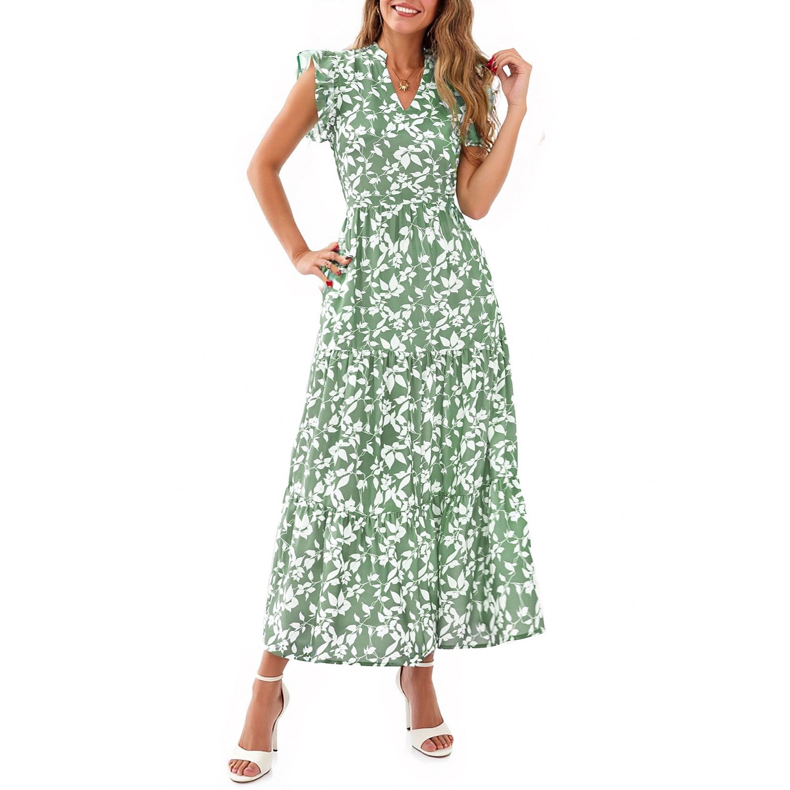 FrzhBrz Women's 2025 Summer Floral Midi Dress Cap Sleeve V Neck Ruffle ...