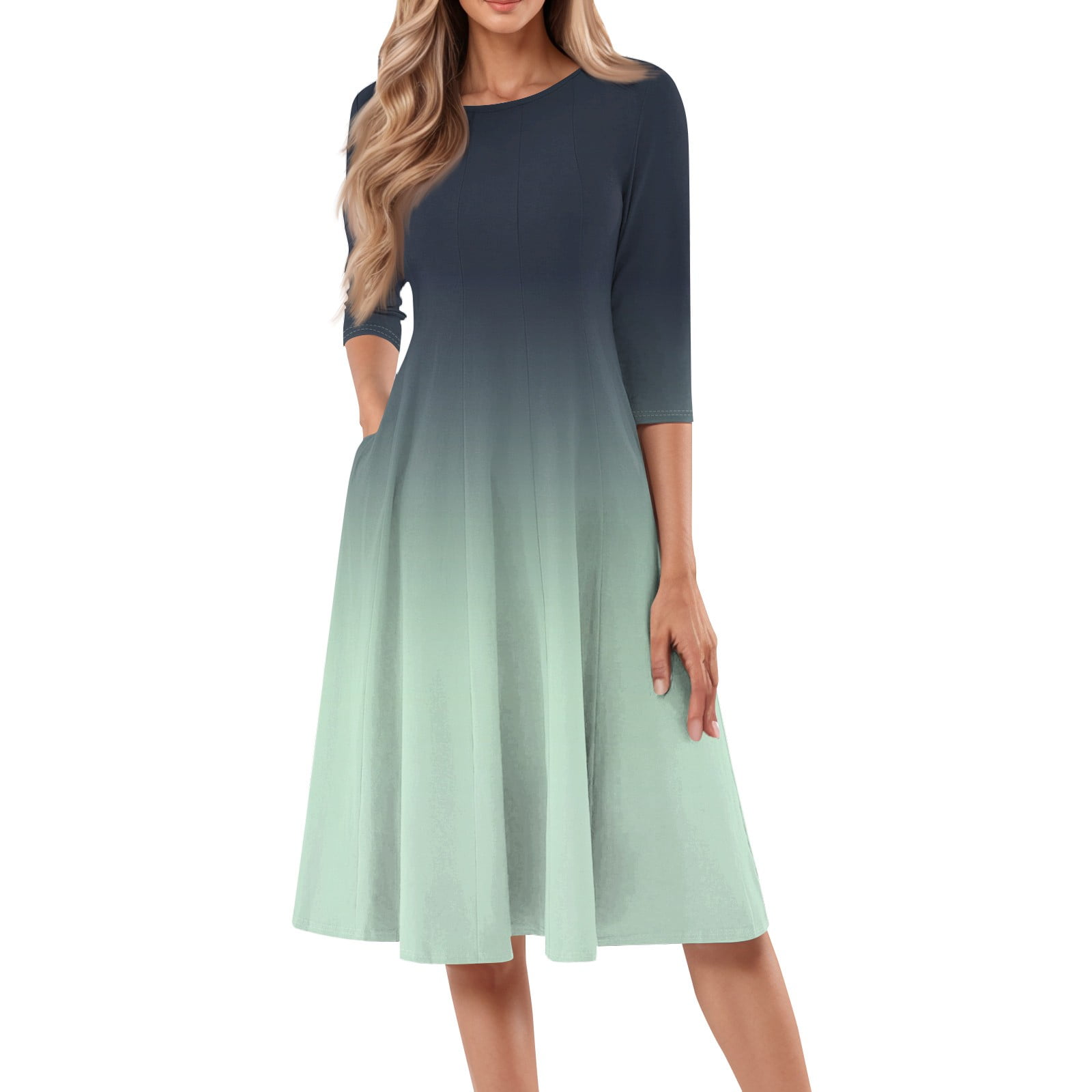 FrzhBrz Women's 3/4 Sleeve Midi Dress 2025 - Casual High Waist A-Line with Round Neck Gradient ...