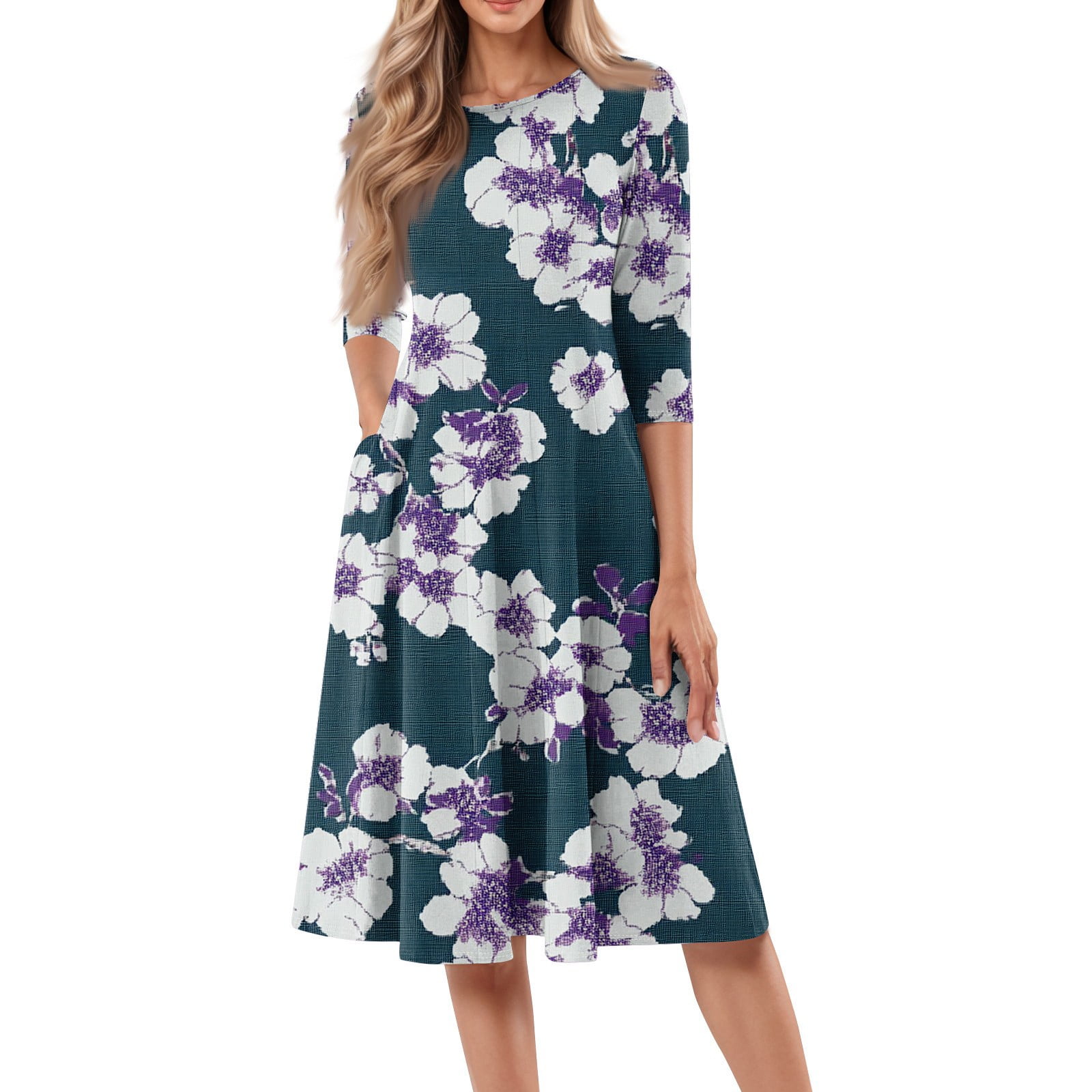 FrzhBrz Women's A-Line Long Dress Retro Printed with 3/4 Sleeves ...