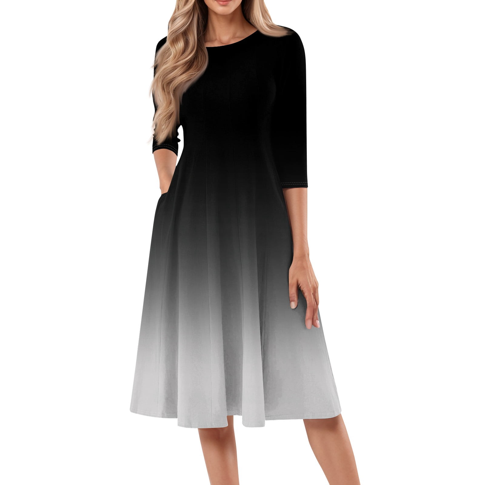 FrzhBrz Women's Casual 3/4 Sleeve Flare A-line Midi Gradient Long Maxi ...